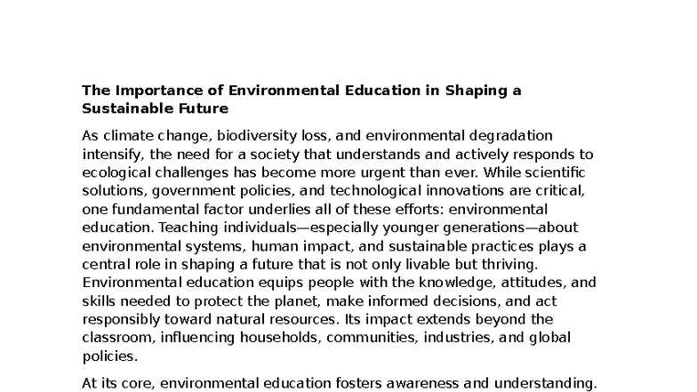 The Role of Environmental Education in a Sustainable Future - Studocu