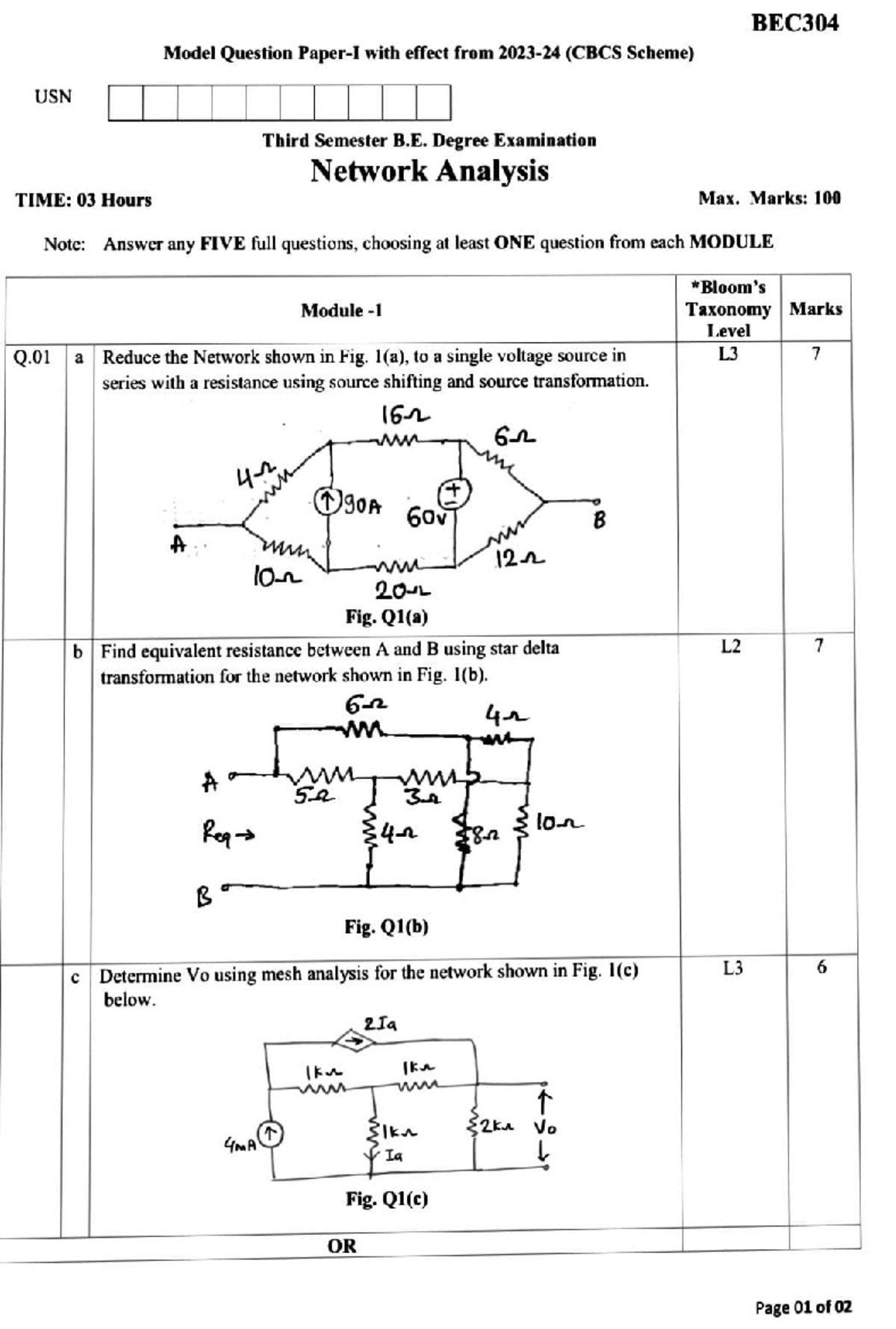 BEC304 Network Analysis Model Question Paper (CBCS Scheme) - Studocu