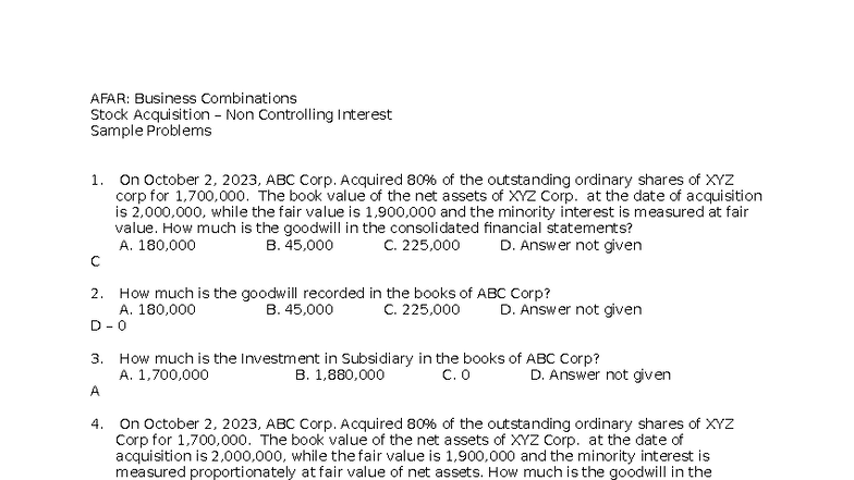AFAR: Business Combinations & Stock Acquisition NCI Sample Problems ...