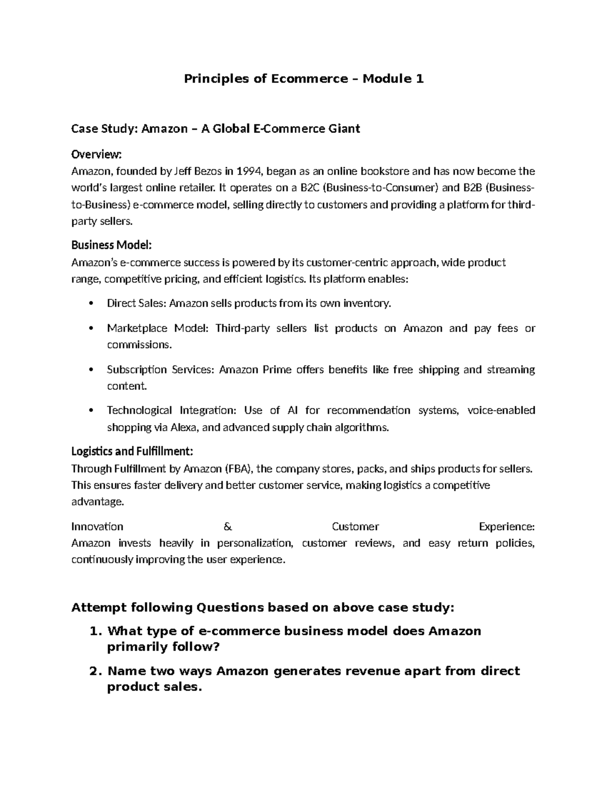 Ecom 101: Amazon Case Study - A Global Retail Giant Overview - Studocu