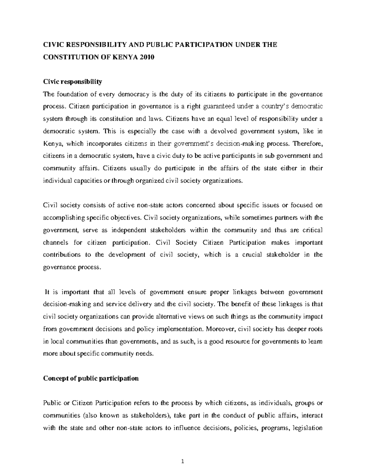 CIVIC RESPONSIBILITY & PUBLIC PARTICIPATION IN KENYA 2010 - Studocu