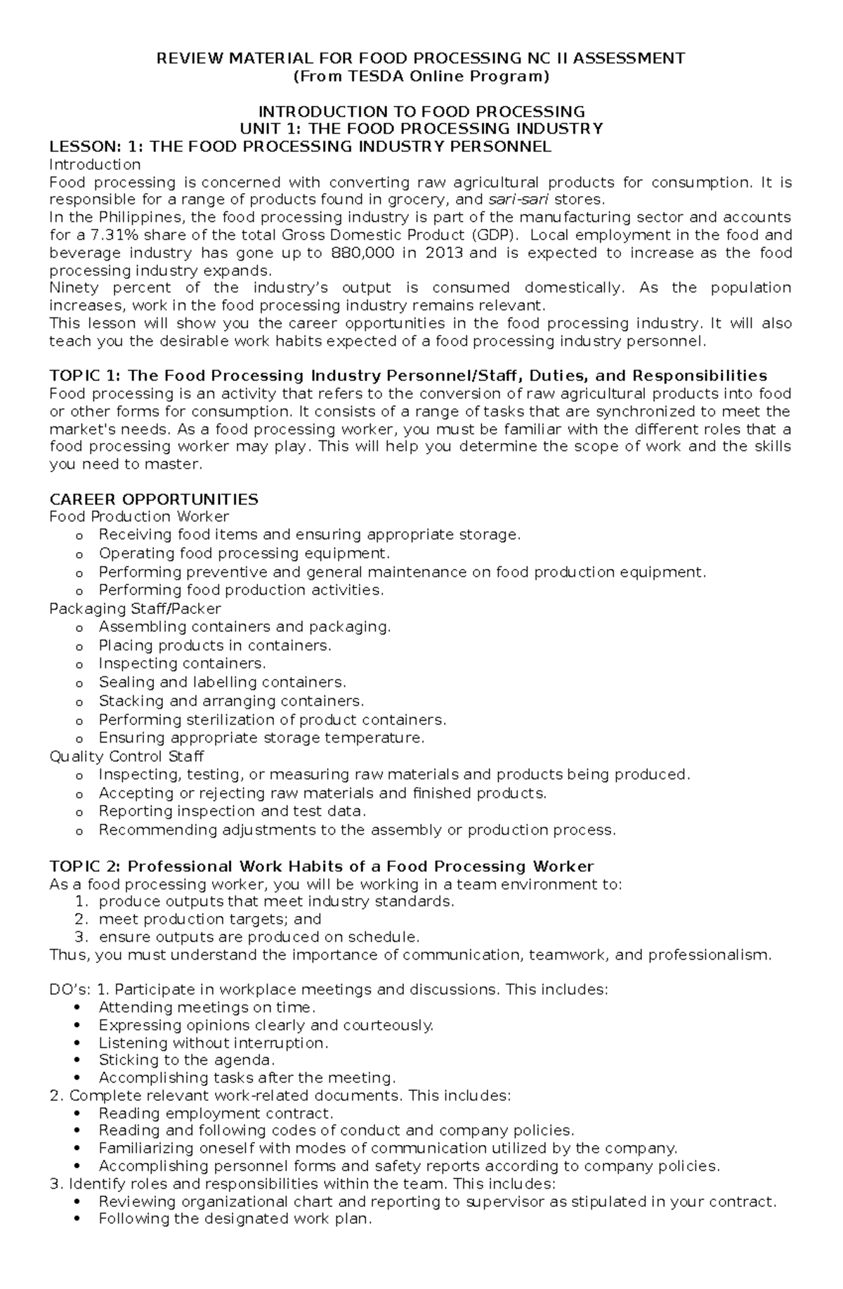 Review Material for Food Processing NC II Assessment Guide - Studocu