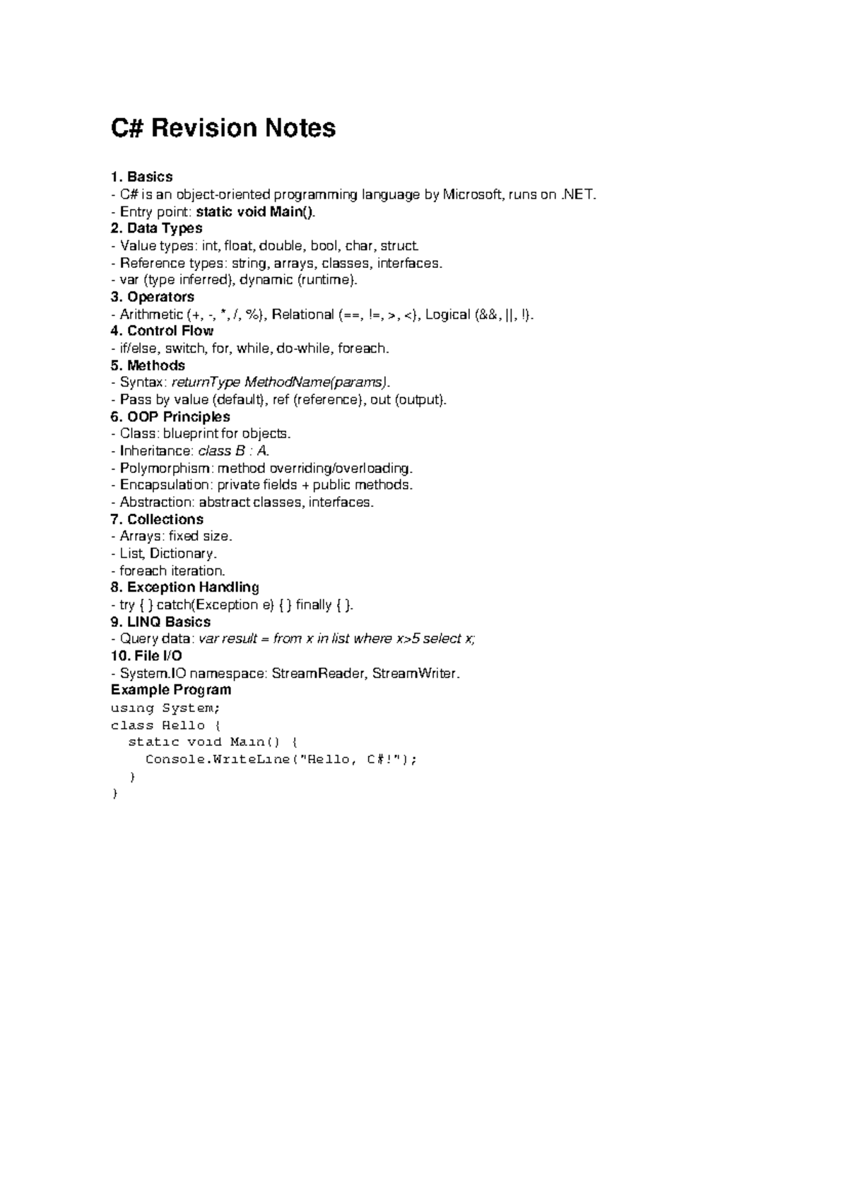 CSharp Revision Notes: Key Concepts and Basics - Studocu