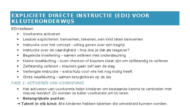 Expliciete Directe Instructie (EDI) voor Kleuteronderwijs: Lesfasen en ...