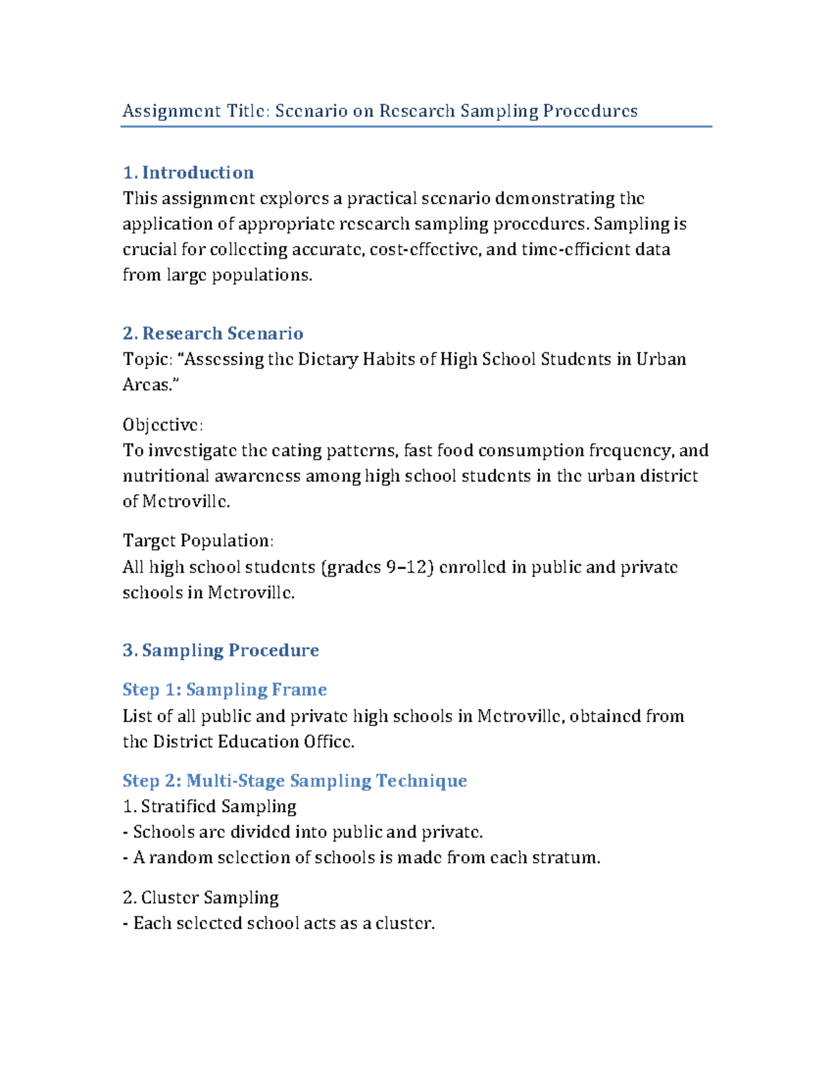 Research Assignment 2026: Sampling Procedures in Urban Diet Study - Studocu