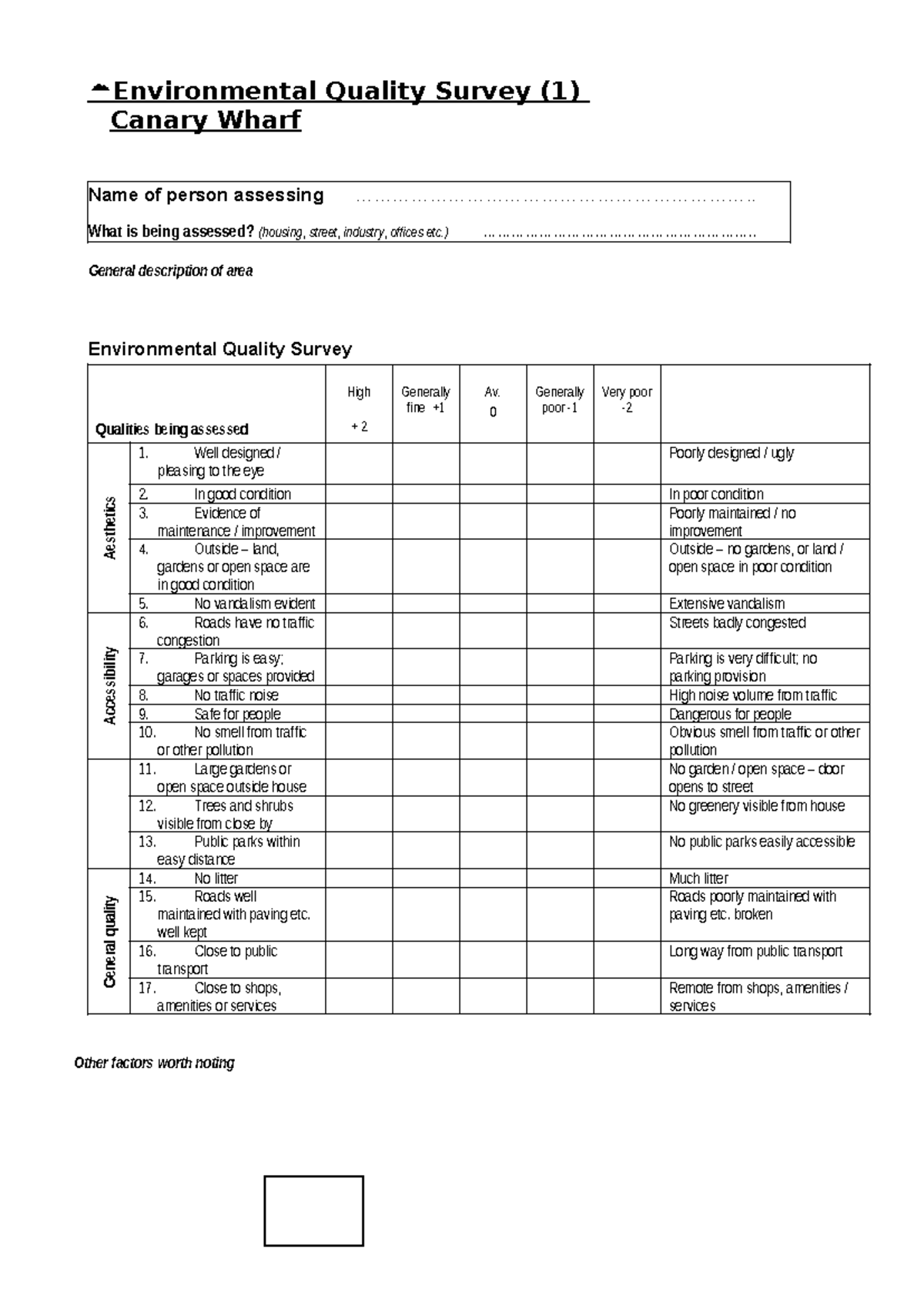 FW 2012 Environmental Quality Survey: Canary Wharf Assessment Report ...