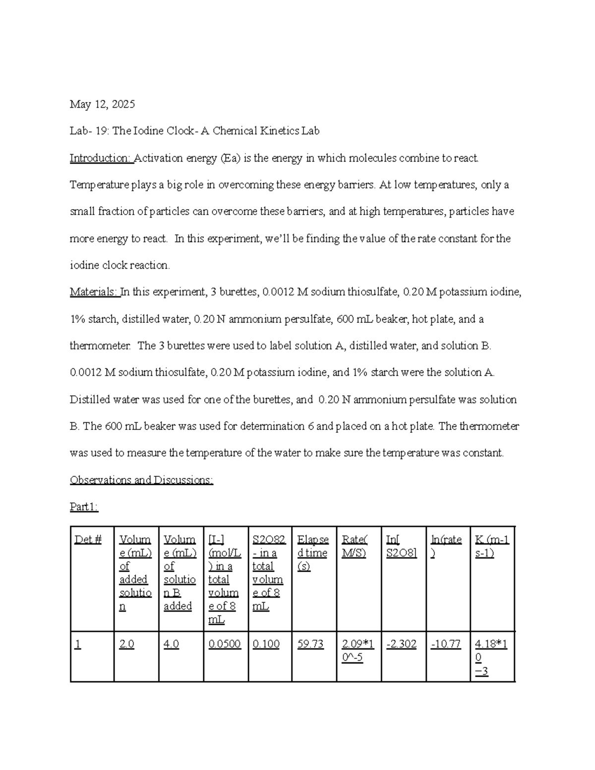 Lab 19: Iodine Clock Reaction Kinetics & Activation Energy Analysis ...