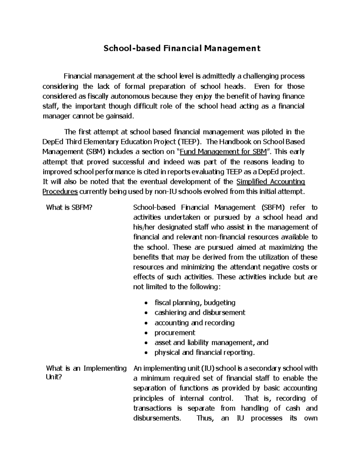 School-Based Financial Management Plan (SBFM) Overview - Studocu