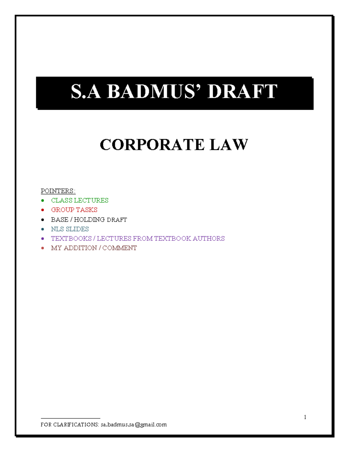 S.A Draft Corporate Law Class Notes: Week 3 to Week 8 Overview - Studocu