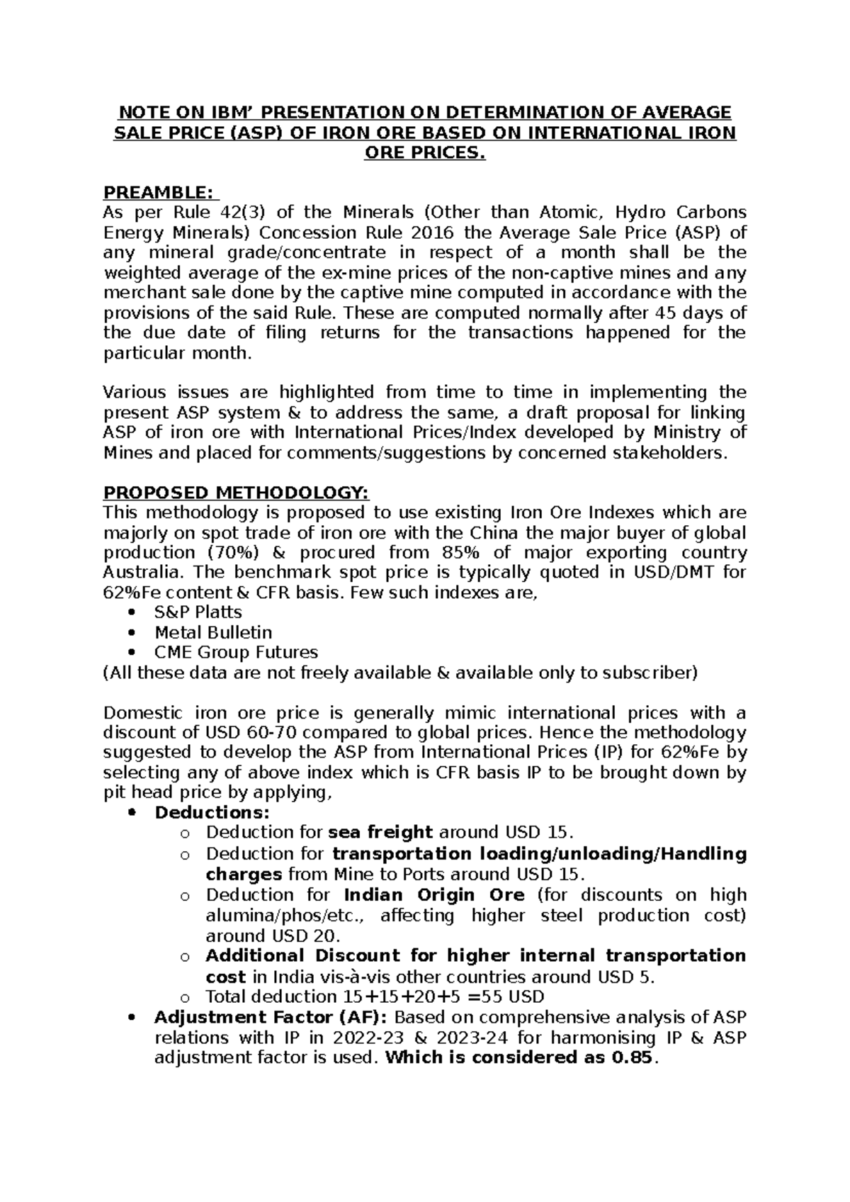 Draft Note on IBM Proposal for ASP of Iron Ore Based on Int'l Prices ...