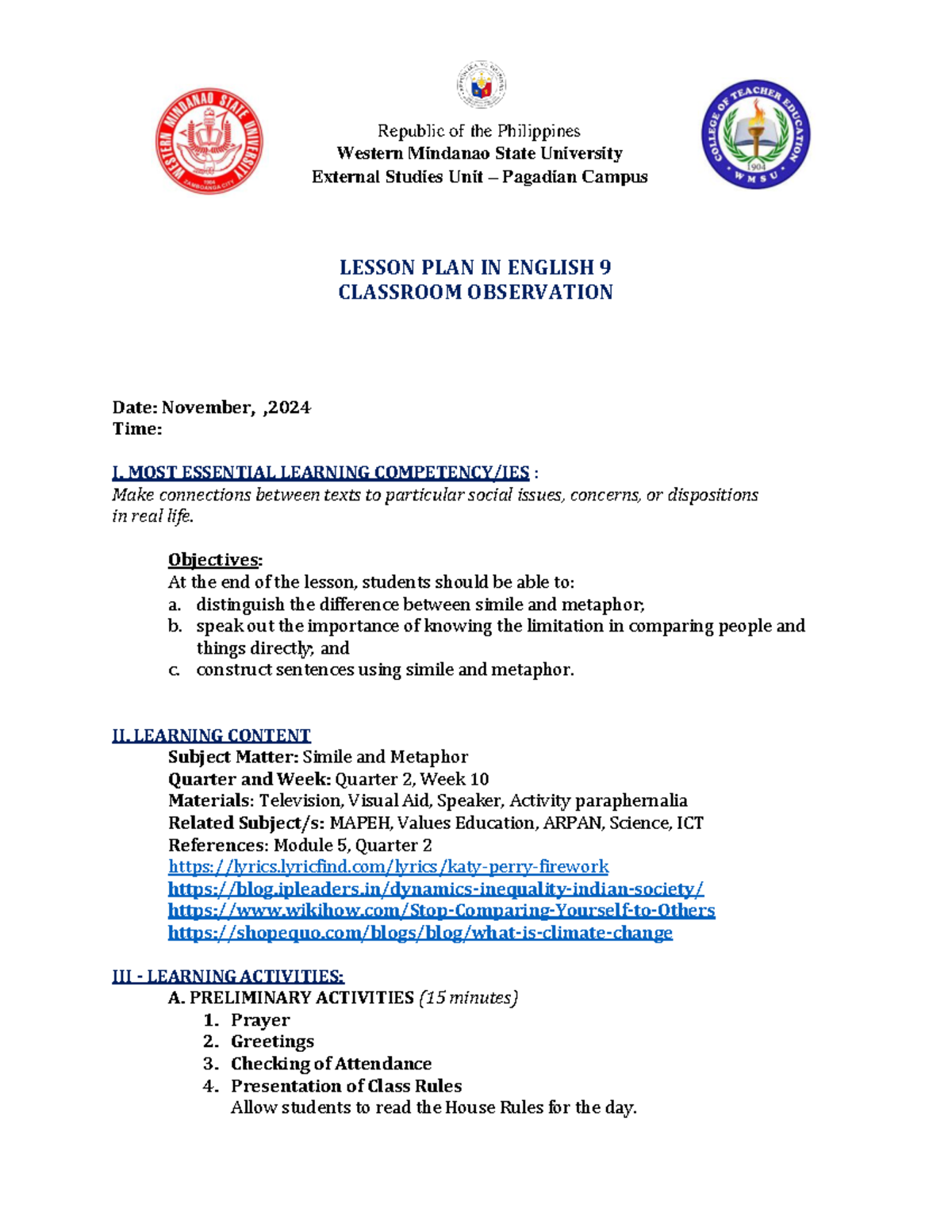 Simile and Metaphor Lesson PLAN IN English 9 - Republic of the ...