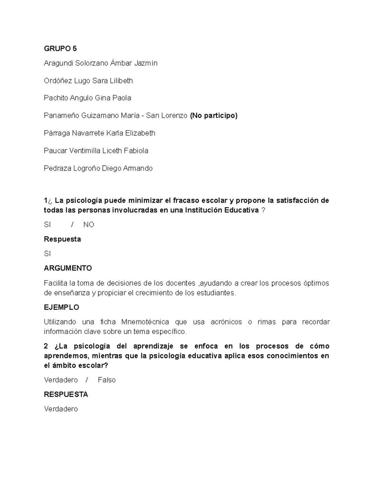 Grupo 5 - Ejercicios sobre Psicología Educativa y Aprendizaje - Studocu