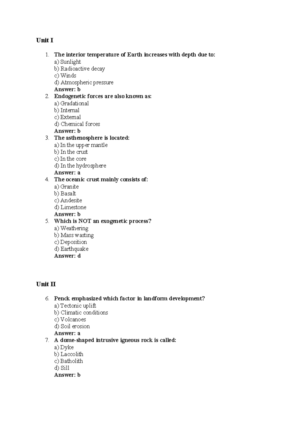 Geography Set 2 - Unit I & II Quiz Answers - Studocu