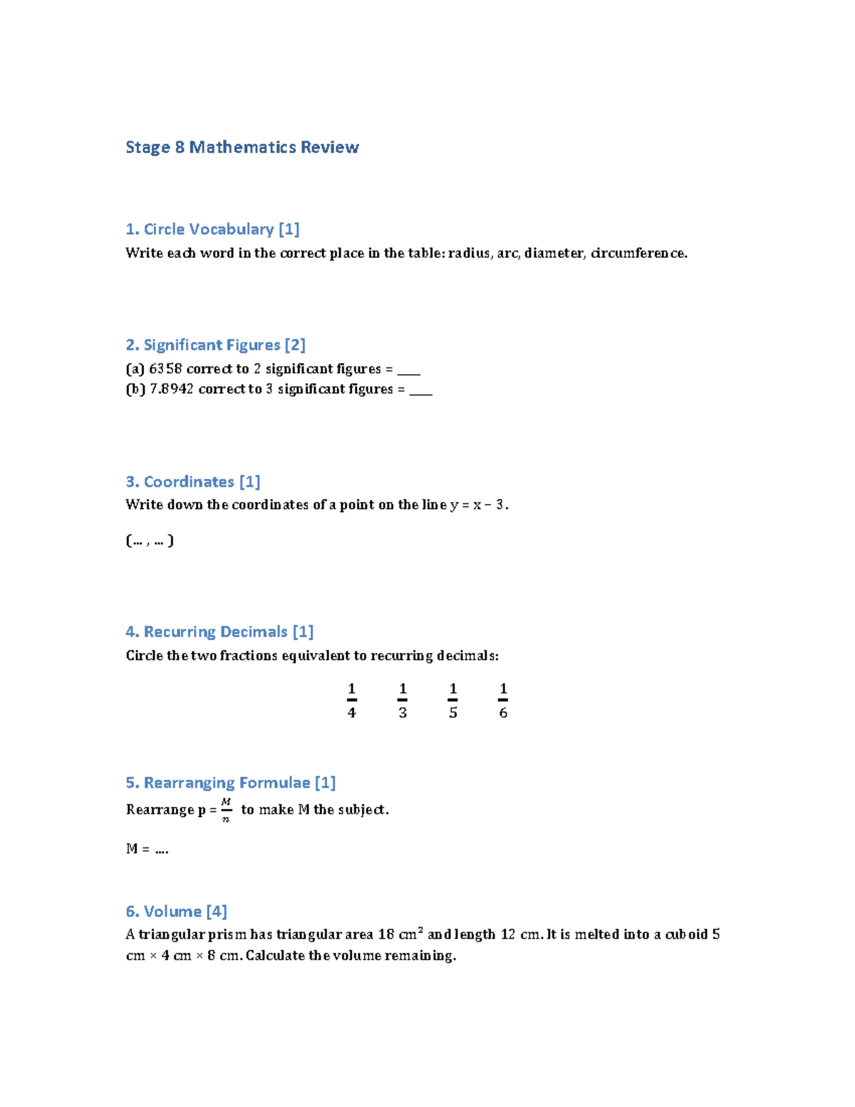 Stage 8 Mathematics Review Worksheet: Key Concepts and Problems - Studocu