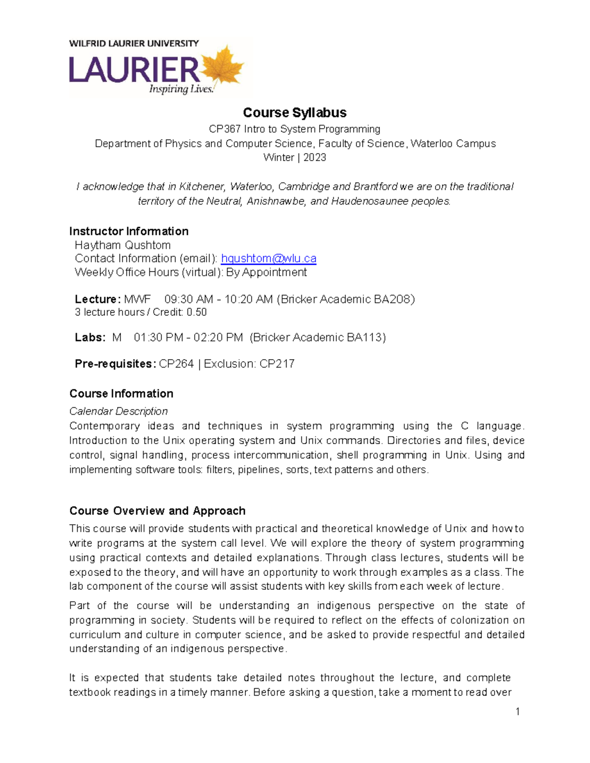 CP367 Course Syllabus: Intro to System Programming - Winter 2023 - Studocu