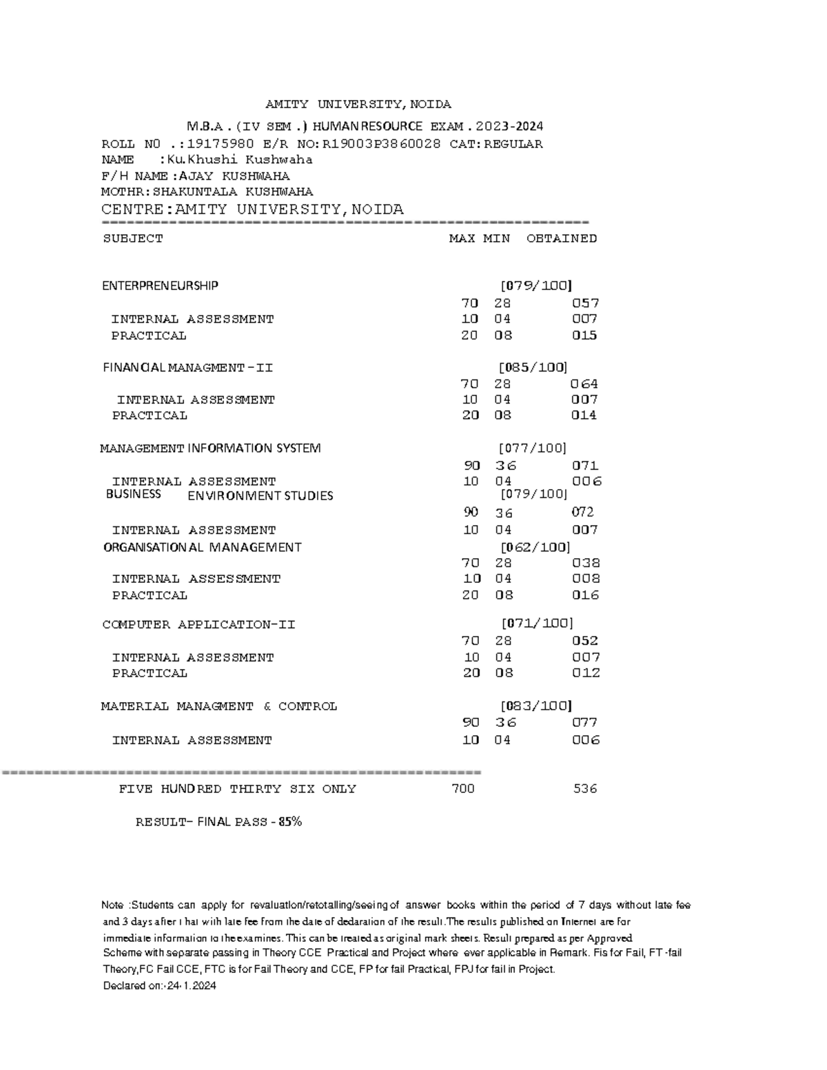 MBA (IV Sem) Final Marksheet - Amity University 2023-2024 - Studocu