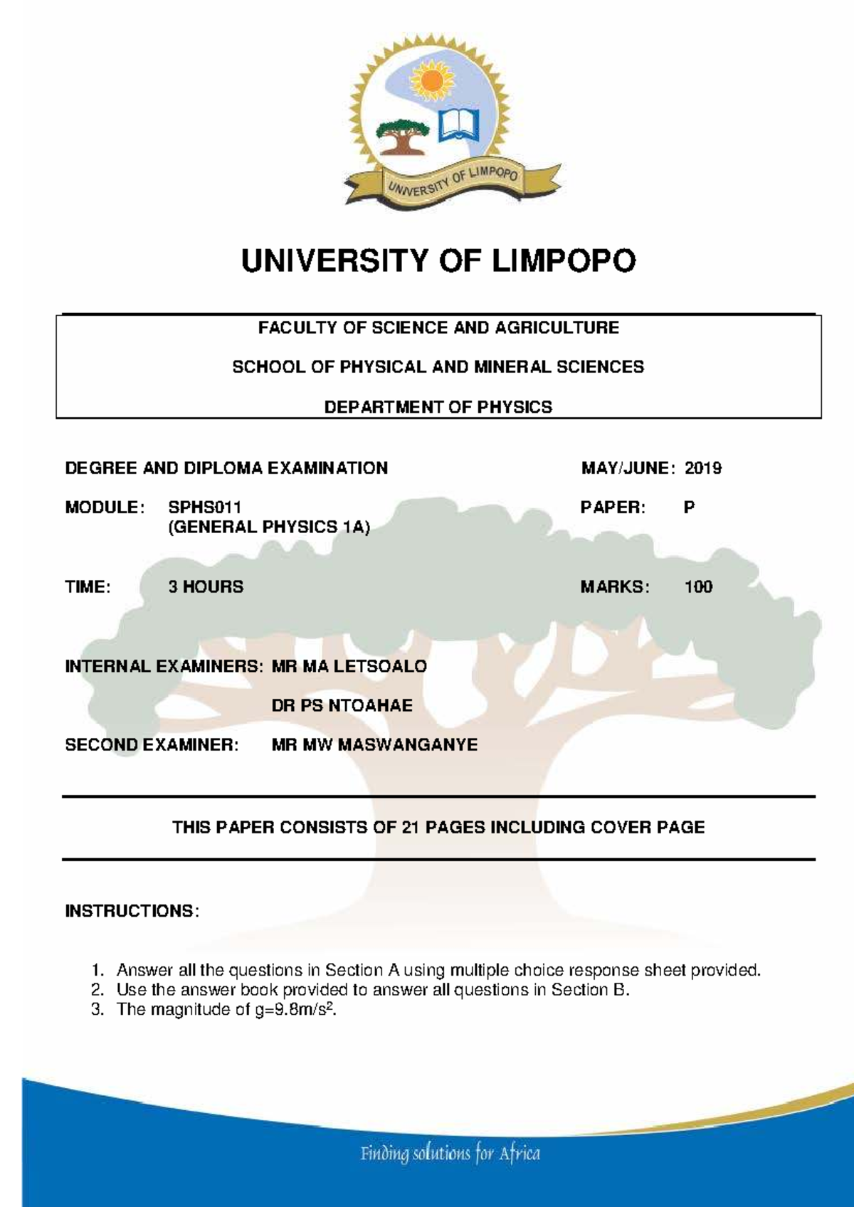 SPHS011 Final Exam 2019 - General Physics 1A Comprehensive Guide - Studocu