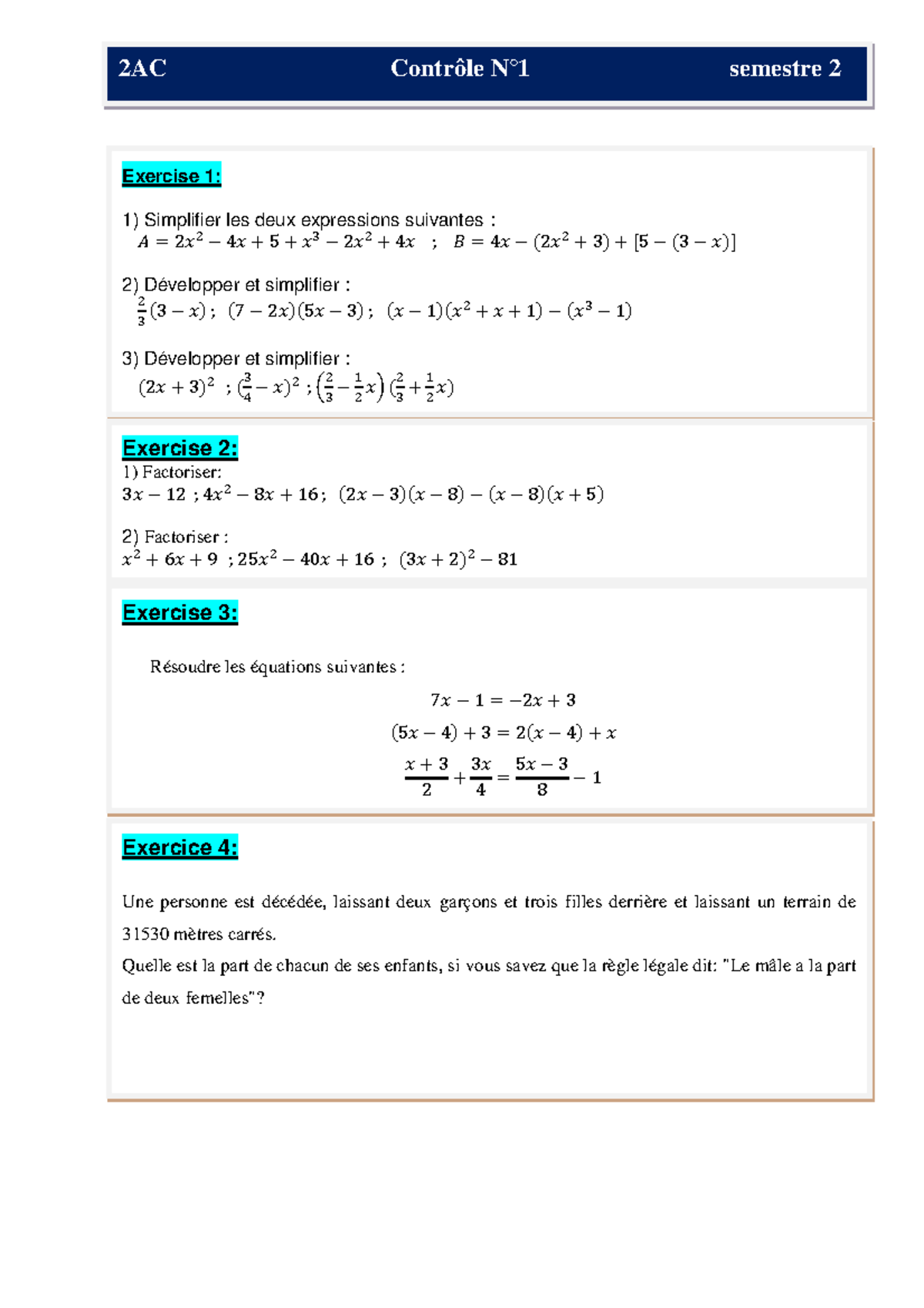 Devoir N1 Maths 2AC Semestre 2: Exercices et Résolutions - Studocu