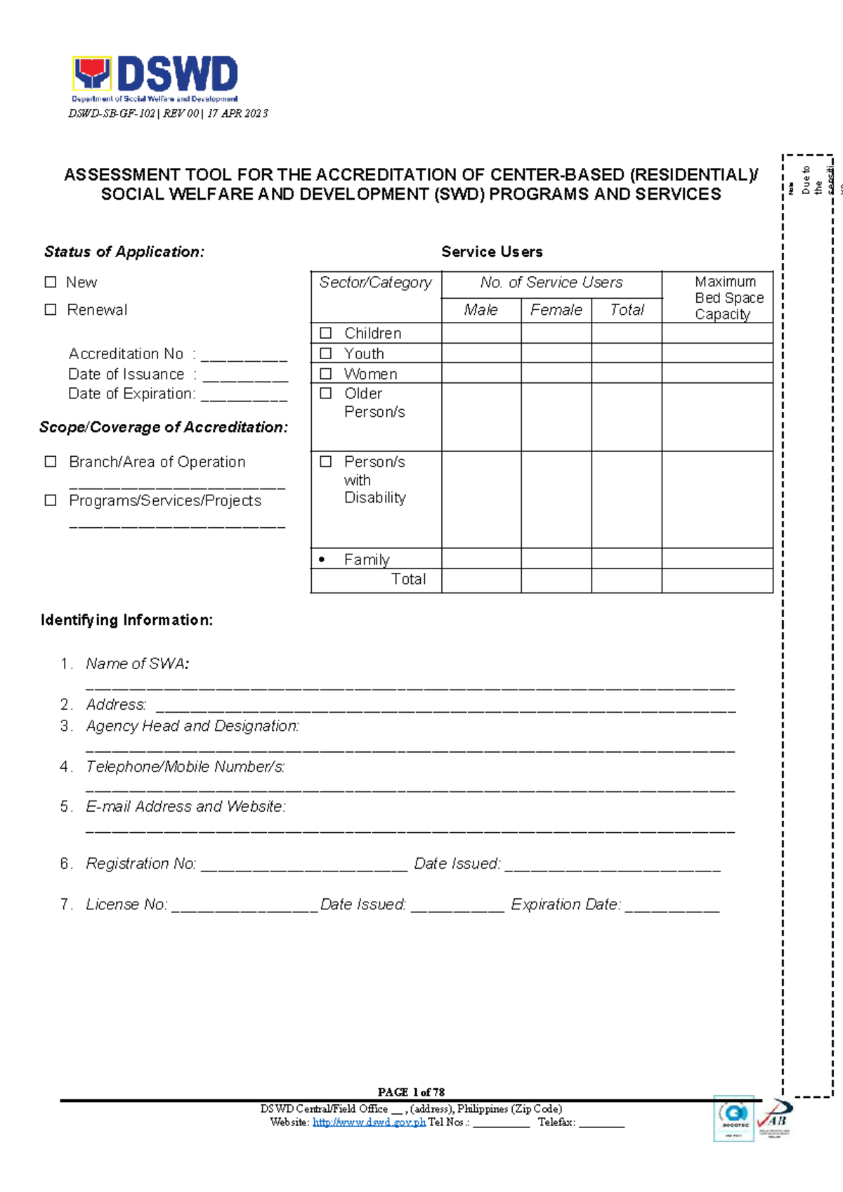 DSWD-SB-GF-102 REV-00 Assessment Tool for Accreditation of SWD Programs ...