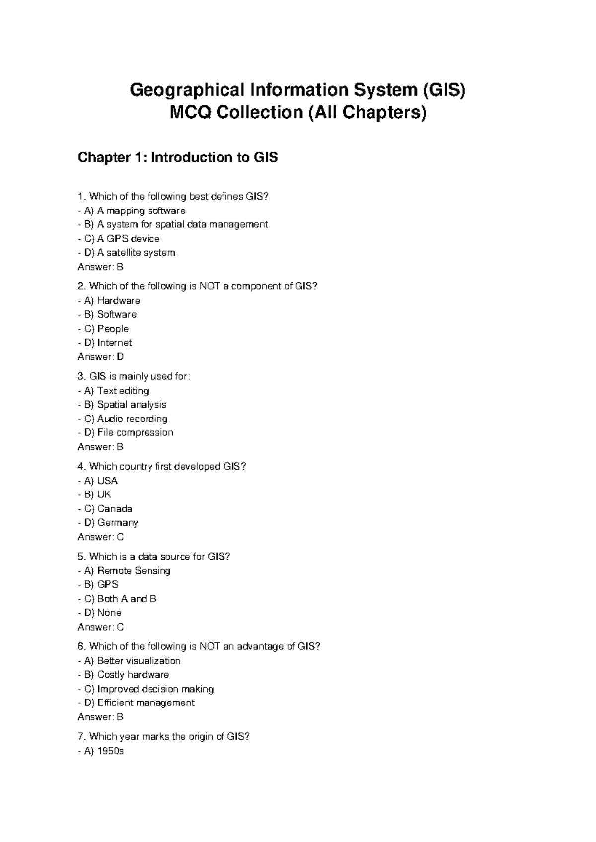 GIS MCQ Collection (All Chapters) - Introduction to Spatial Data - Studocu