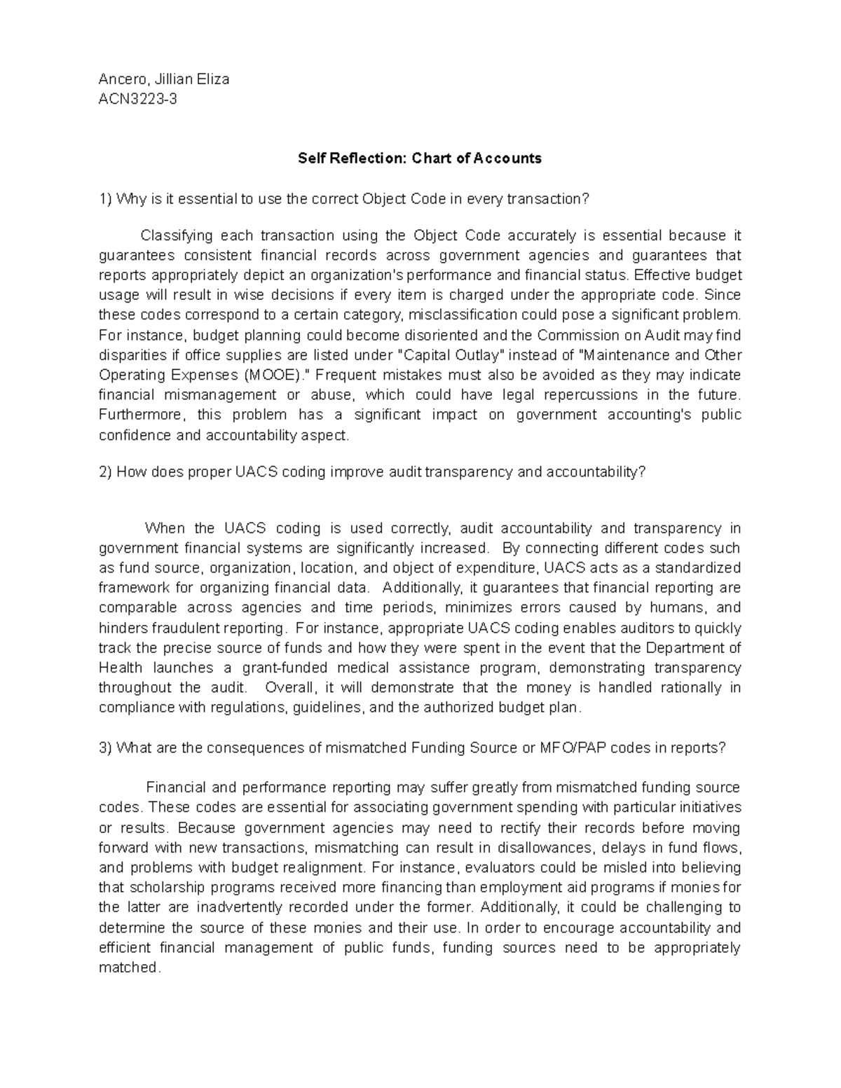 Self Reflection on Chart of Accounts: Importance of Object Codes - Studocu