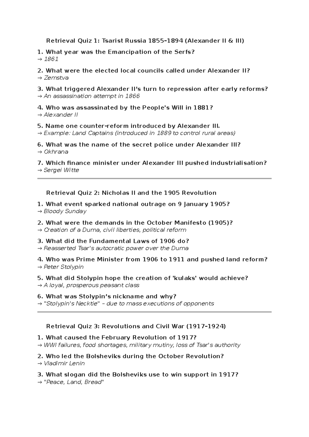 Retrieval Quizzes on Tsarist Russia and the USSR (HIST 101) - Studocu