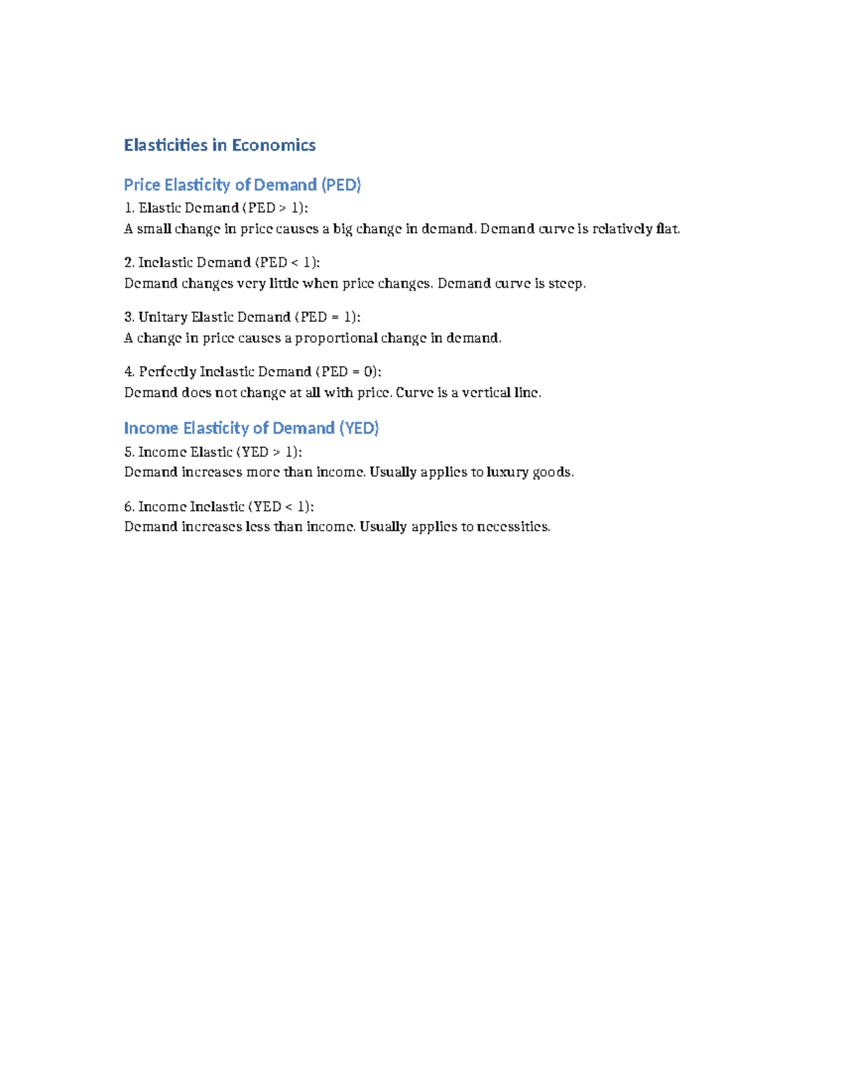 Economics Elasticities Notes: Price & Income Elasticity (PED, YED ...