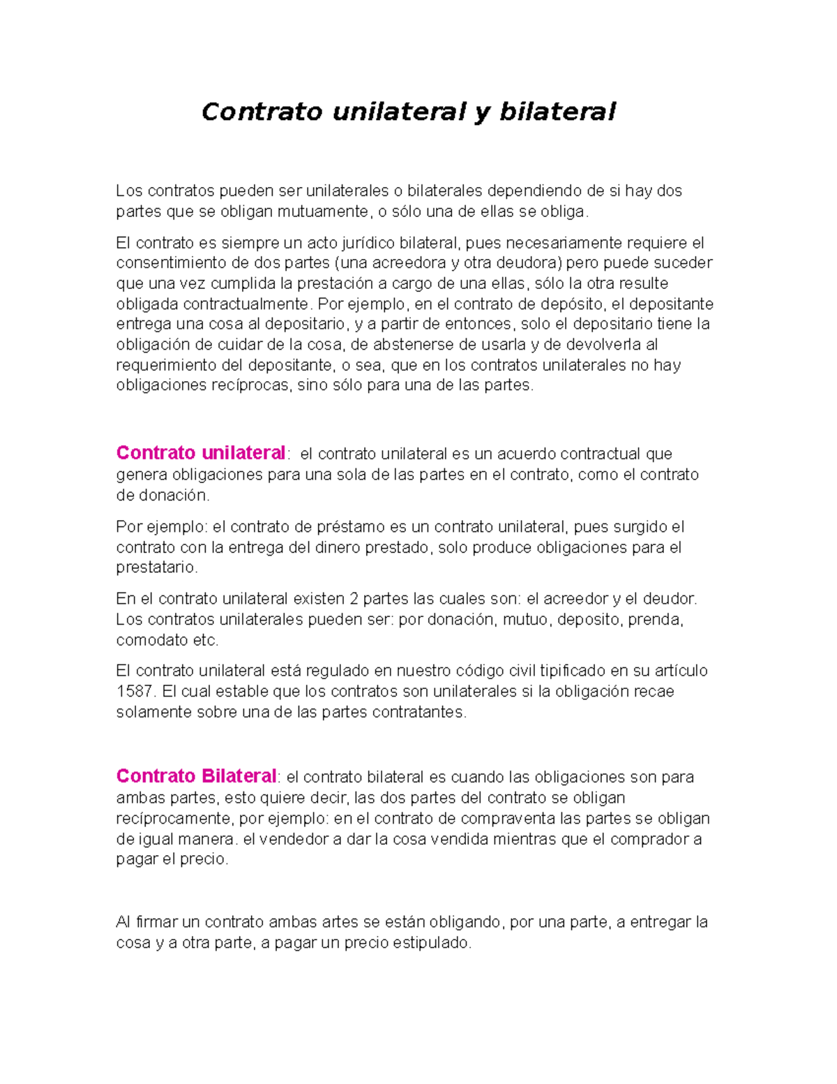 Contrato unilateral y bilateral - El contrato es siempre un acto ...