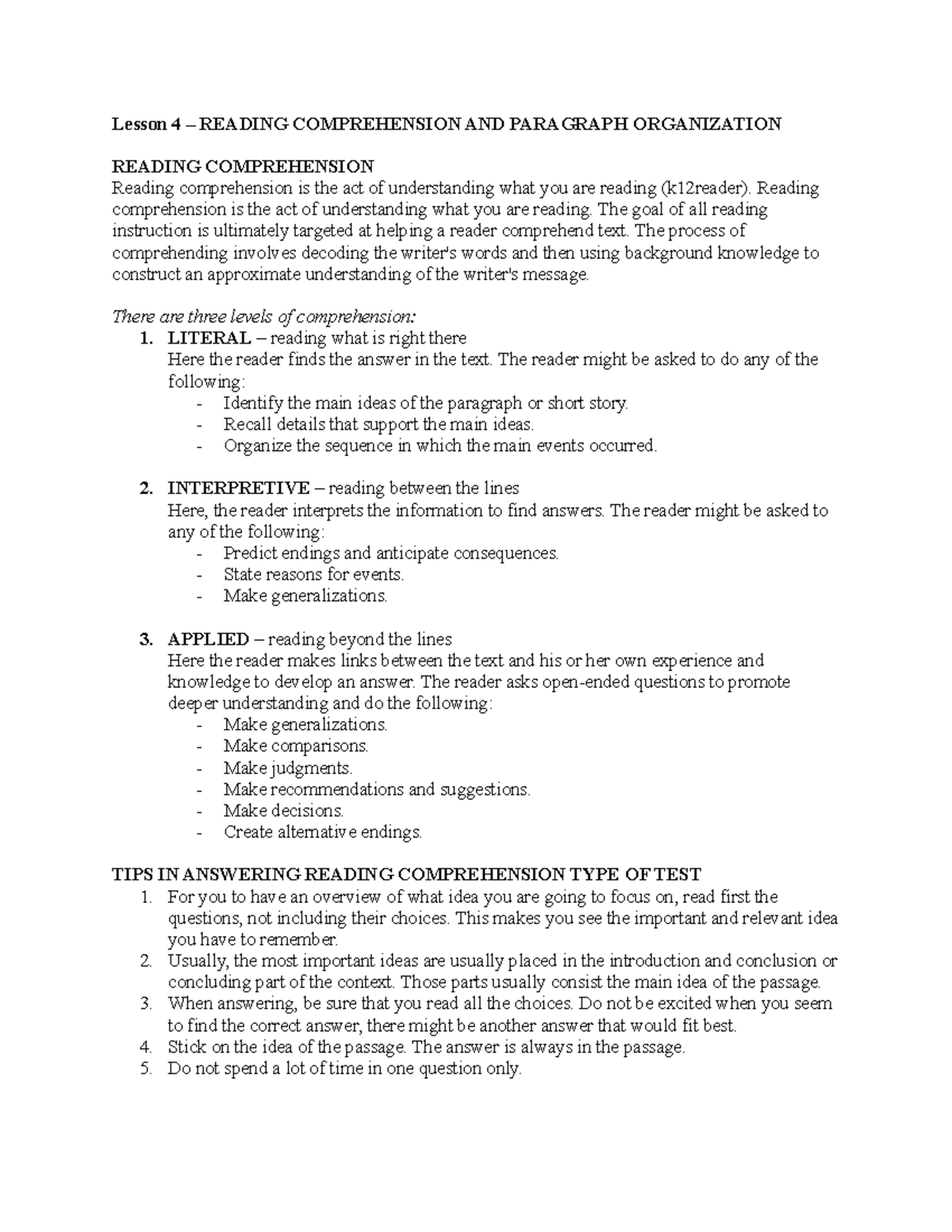 Lesson 4: Reading Comprehension & Paragraph Organization Techniques ...