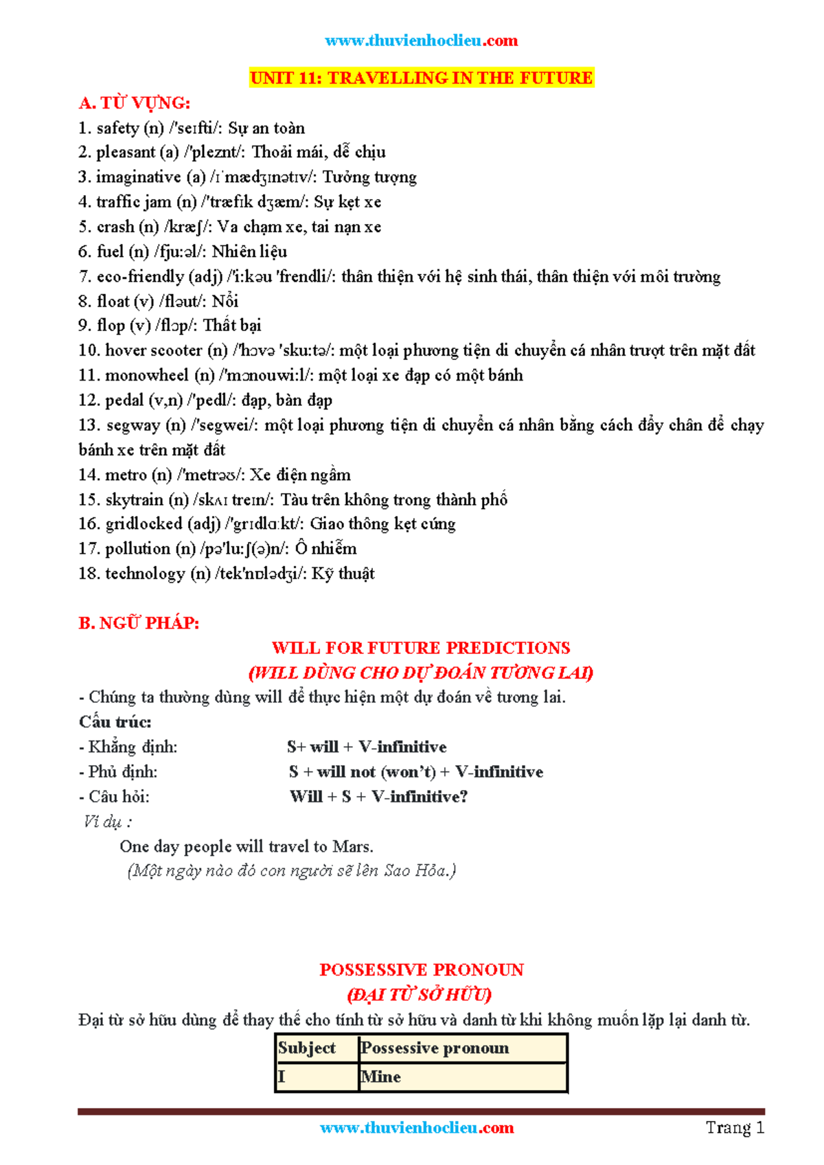 UNIT 11: TRAVELLING IN THE FUTURE - G7 Vocabulary & Grammar Notes - Studocu