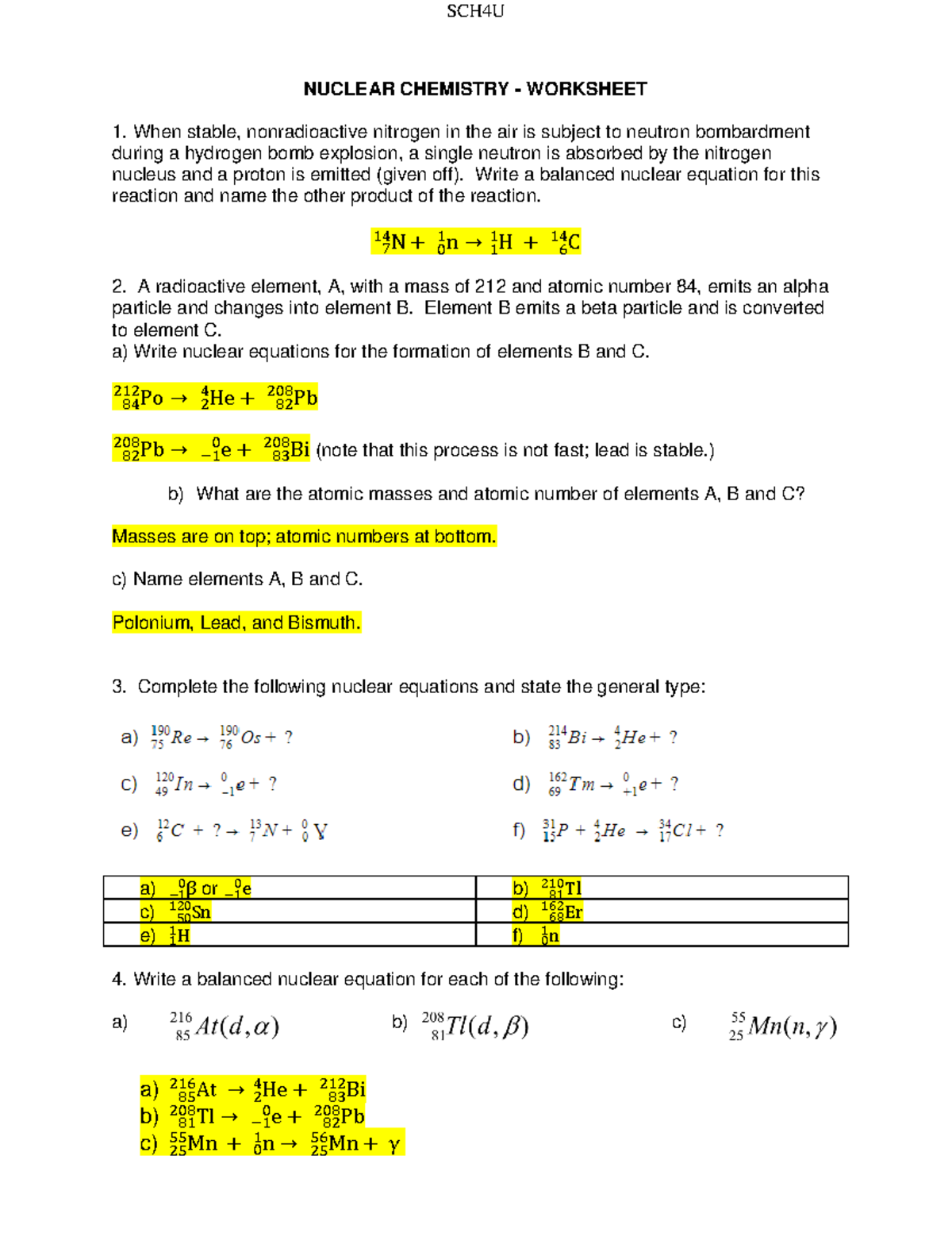 Nuclear Chemistry Worksheet Answer Key for SCH4U Students - Studocu