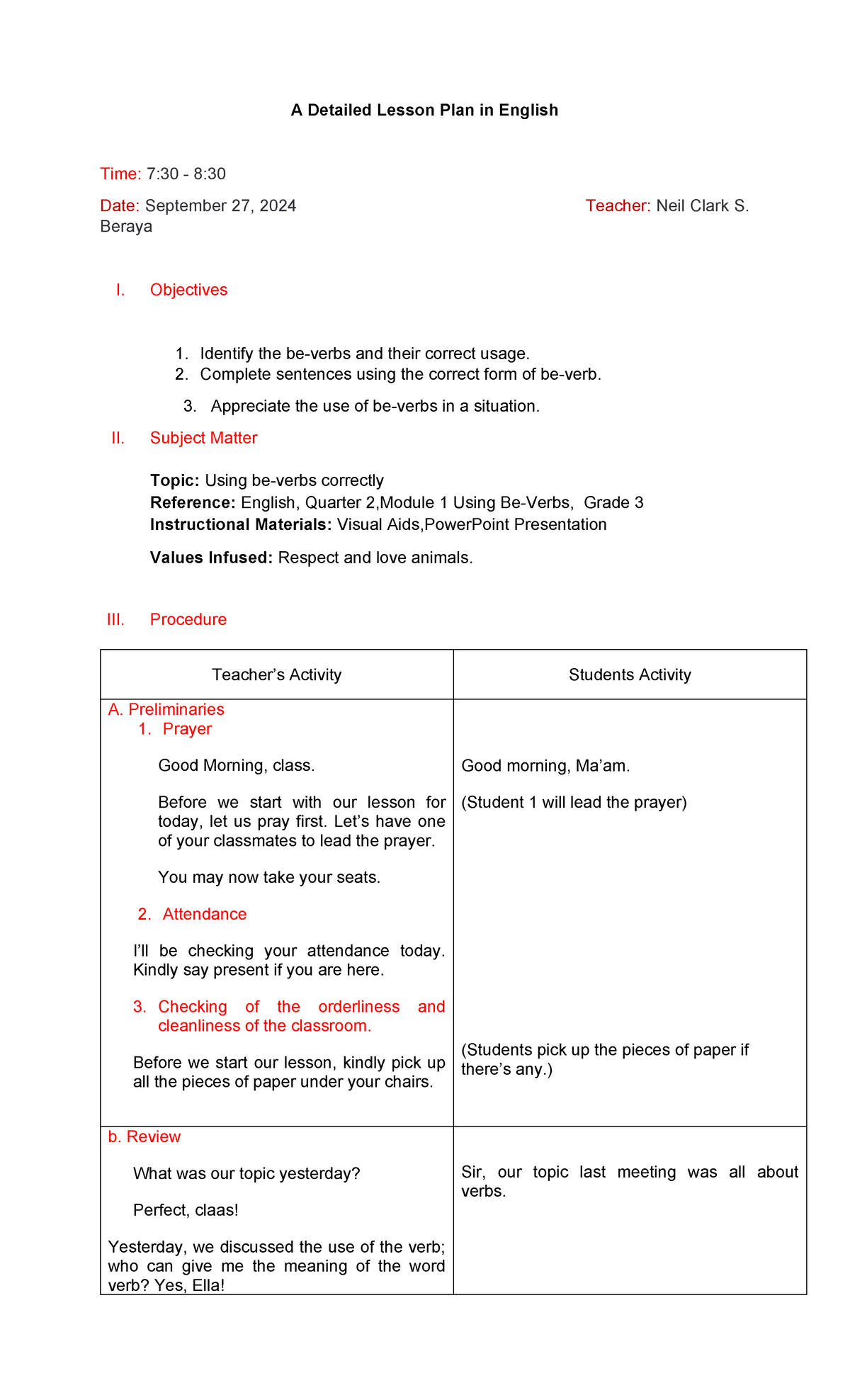 Detailed Lesson Plan: Using Be-Verbs in English BEEd 2 - Studocu