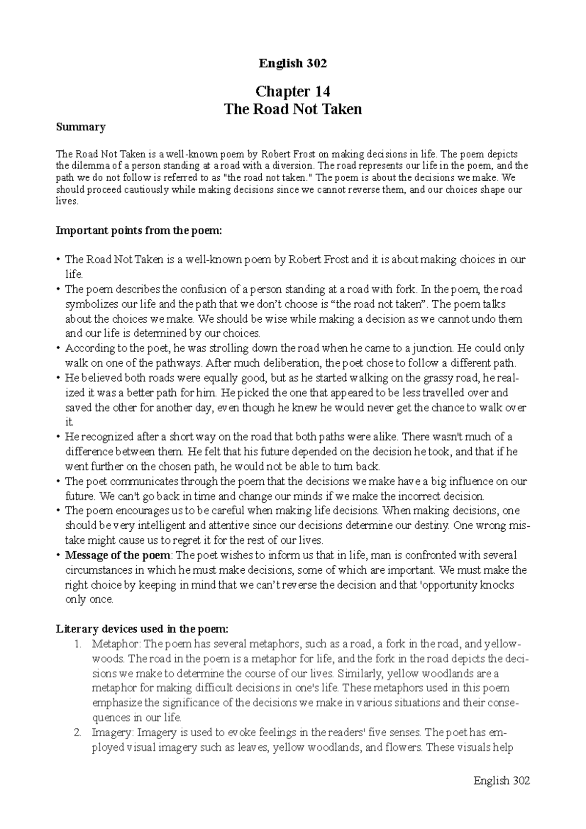 English 302 Chapter 14 Lecture Notes: The Road Not Taken Analysis - Studocu