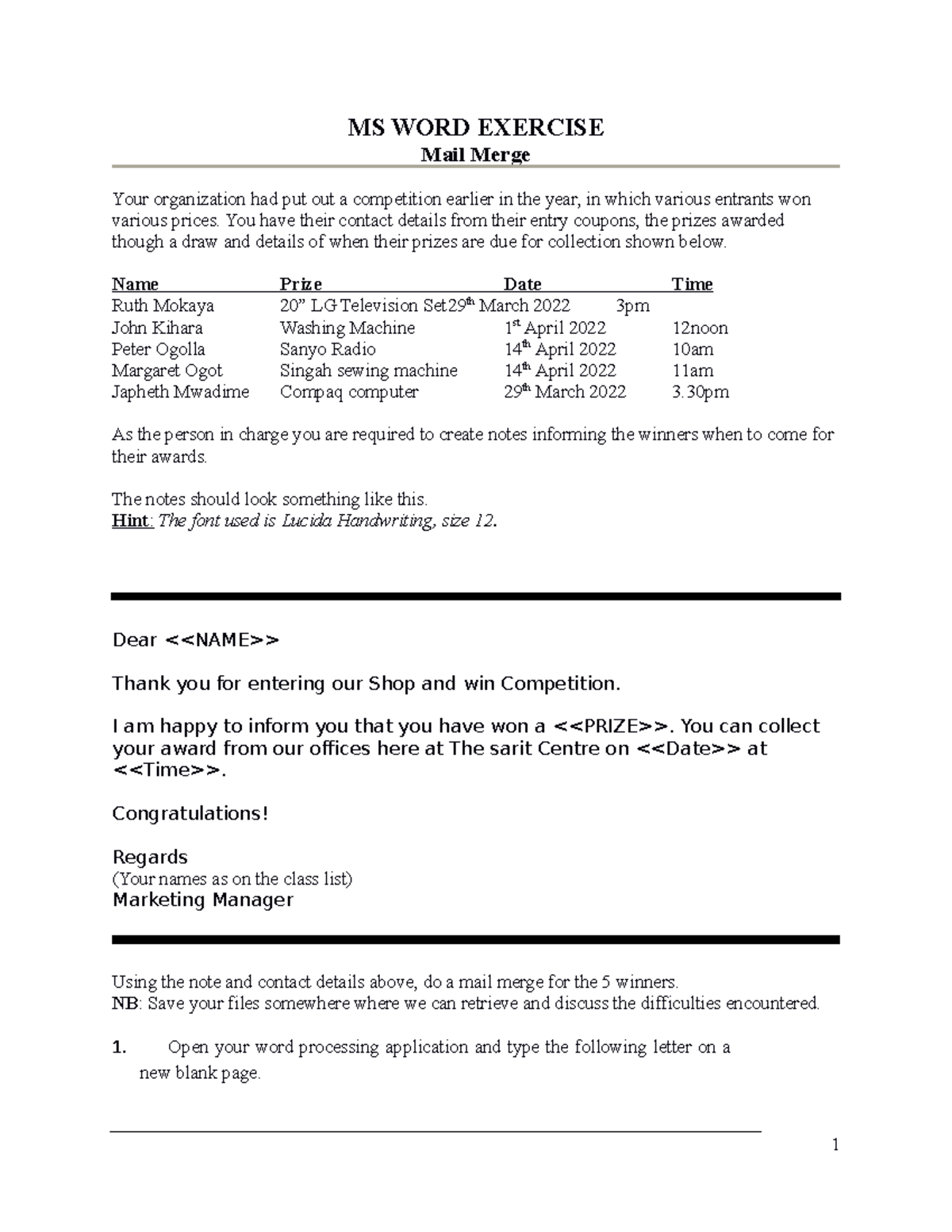 Mail Merge Exercise - MS Word Task (May 2023) - Studocu