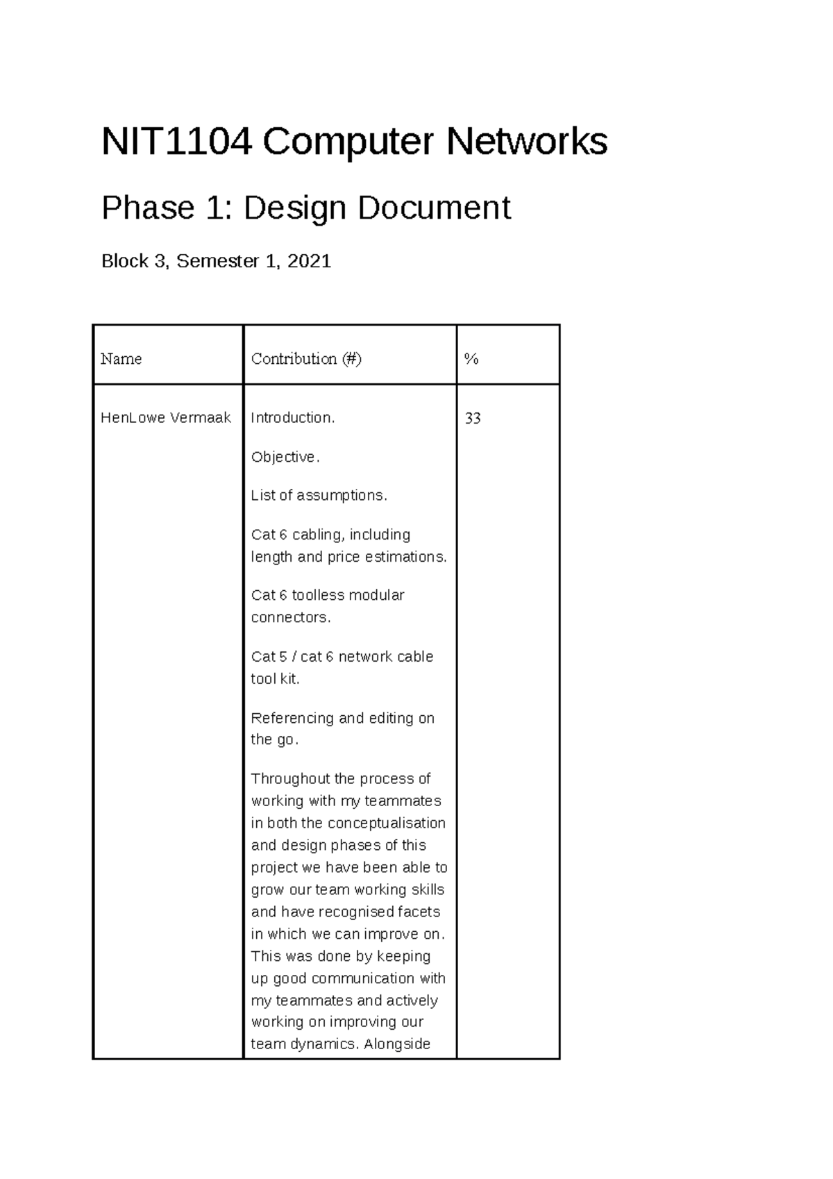 NIT1104 Phase 1 Design Document for Ethernet LAN Project - Studocu