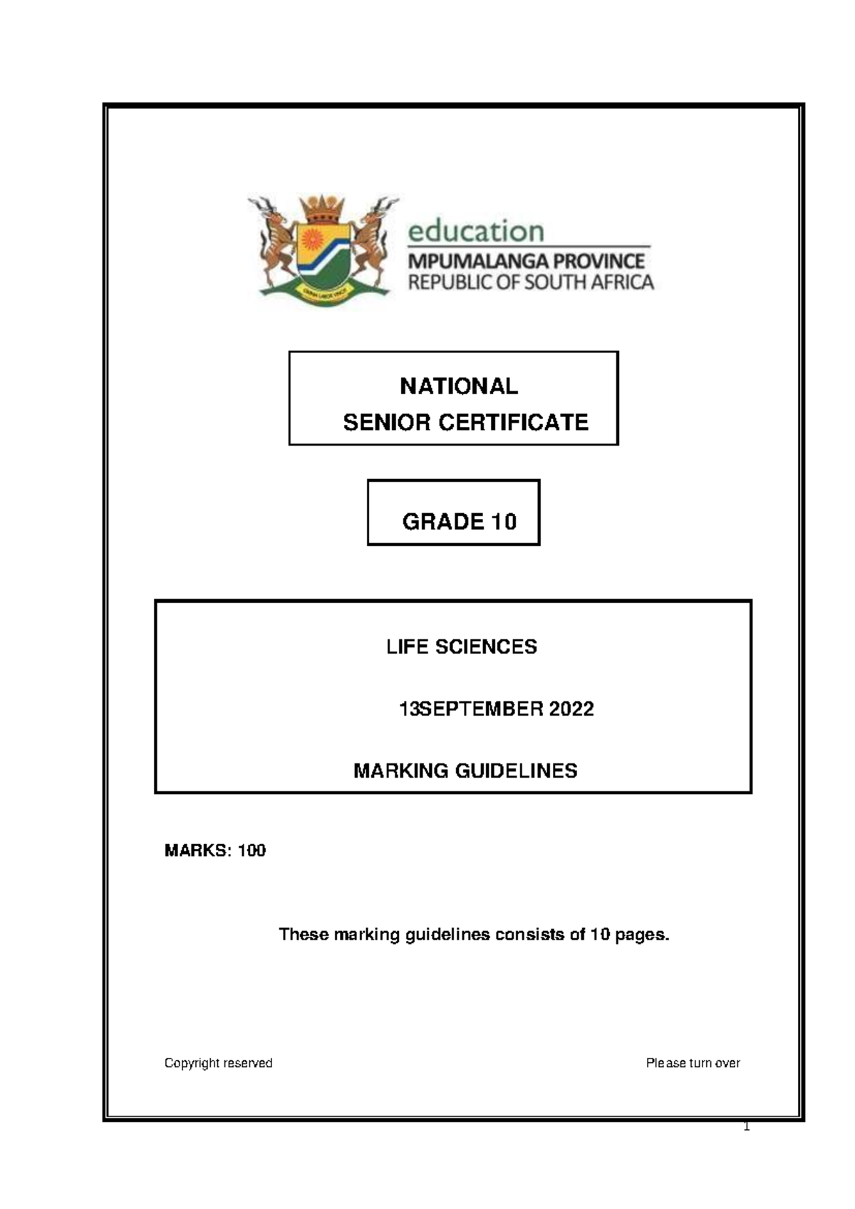 Grade 10 SBA Controlled TEST 3 Marking Guidelines-SEPT 2022 - Copyright ...