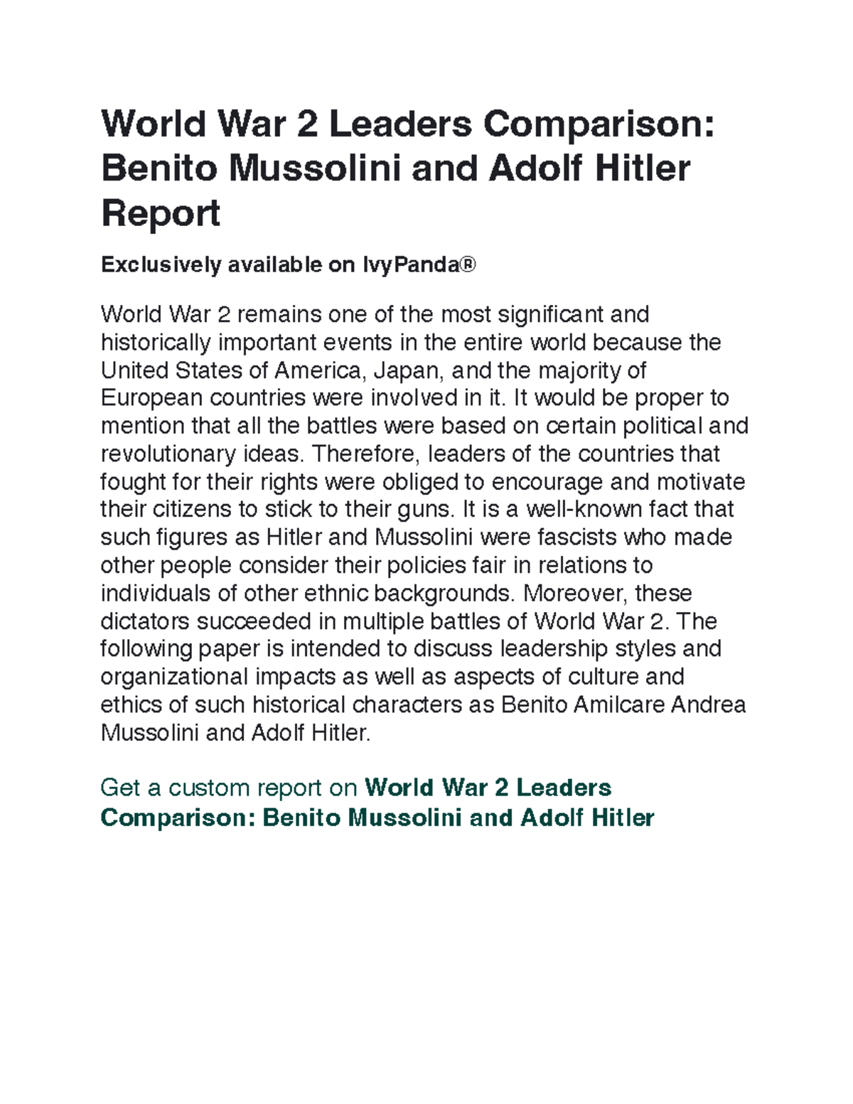WW2 Leaders Comparison: Mussolini vs. Hitler Analysis Report - Studocu