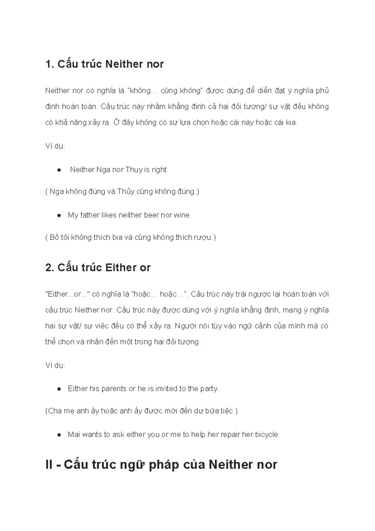 Cấu trúc Neither nor và Either or trong Tiếng Anh - Studocu
