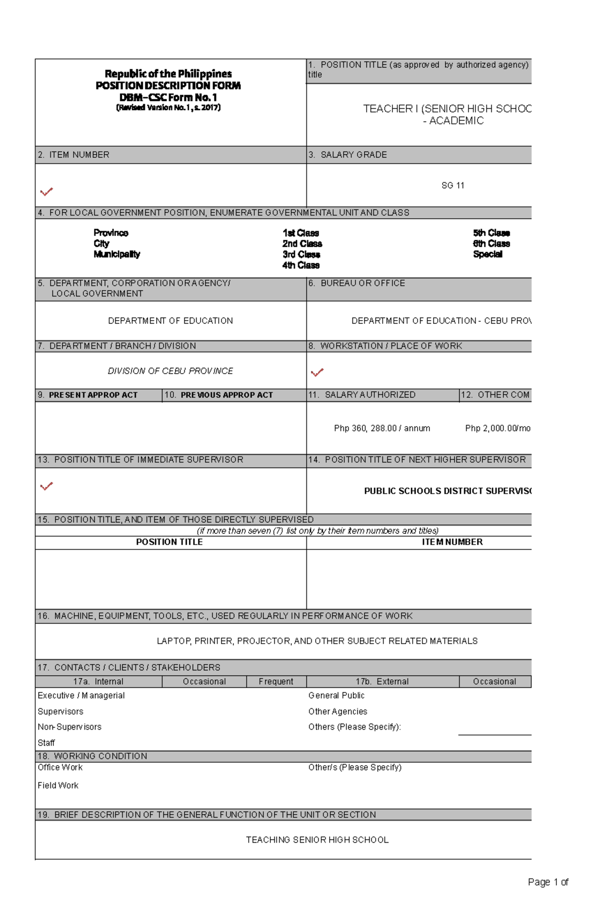 Teacher I (Senior High School) Position Description & Duties - Studocu