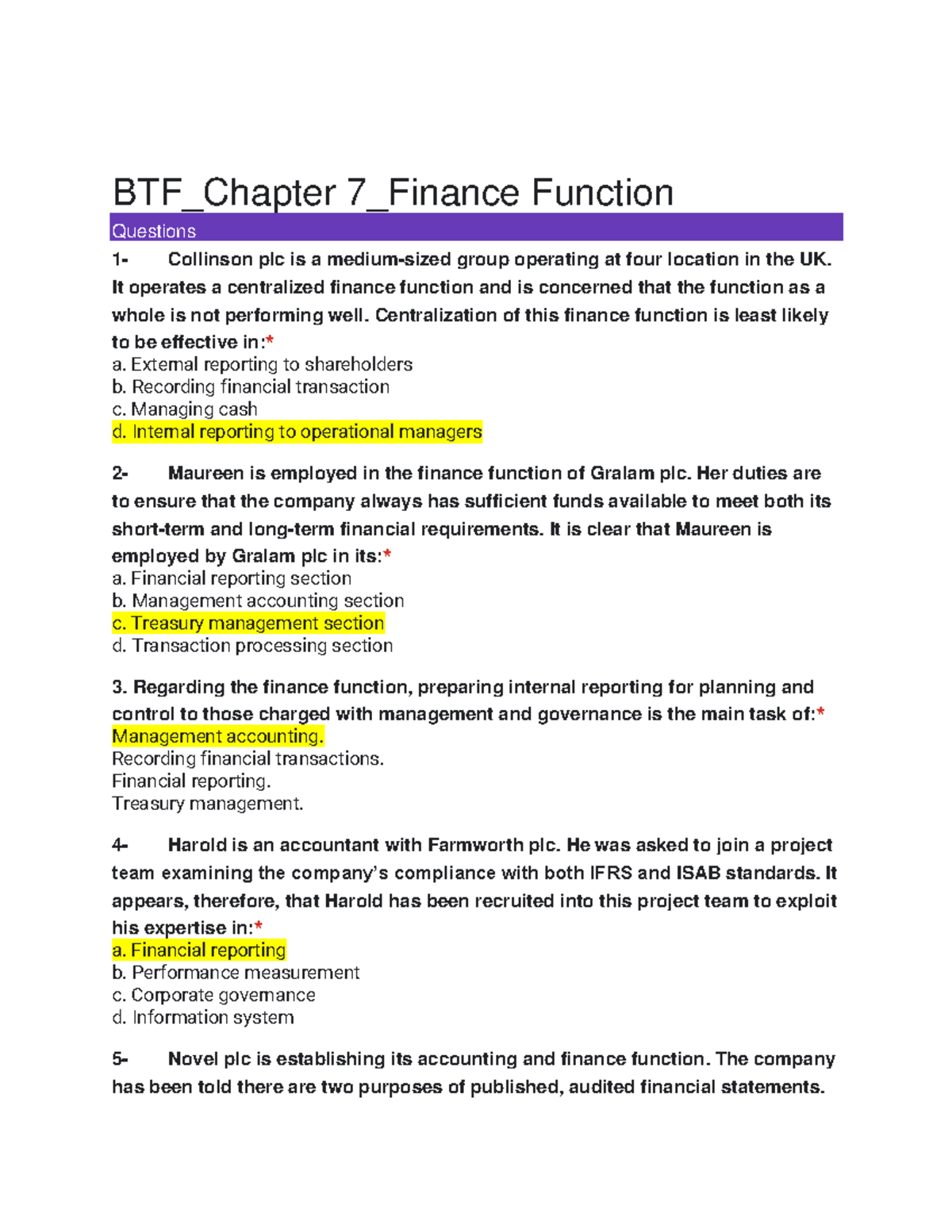 BTF2_Chapter 7_Finance Function Questions and Answers - Studocu