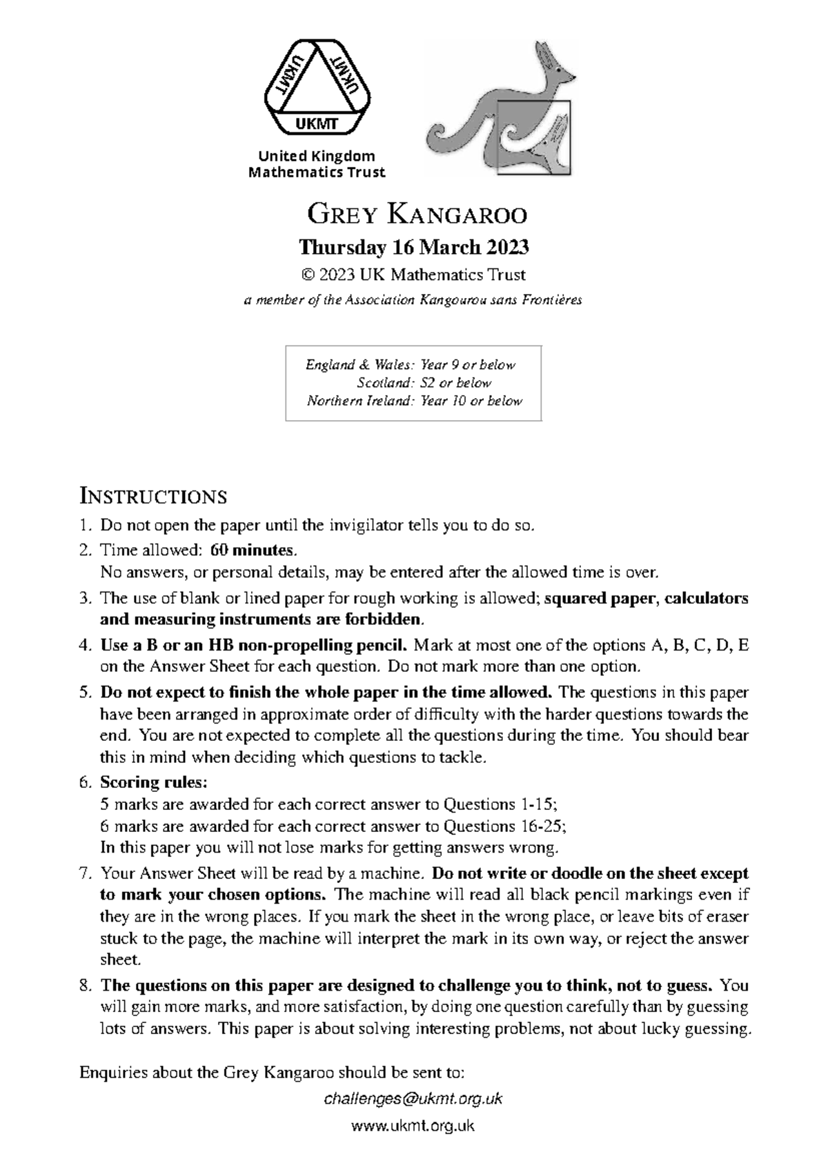 Grey Kangaroo 2023 Paper - UK Mathematics Trust MT UK - Studocu