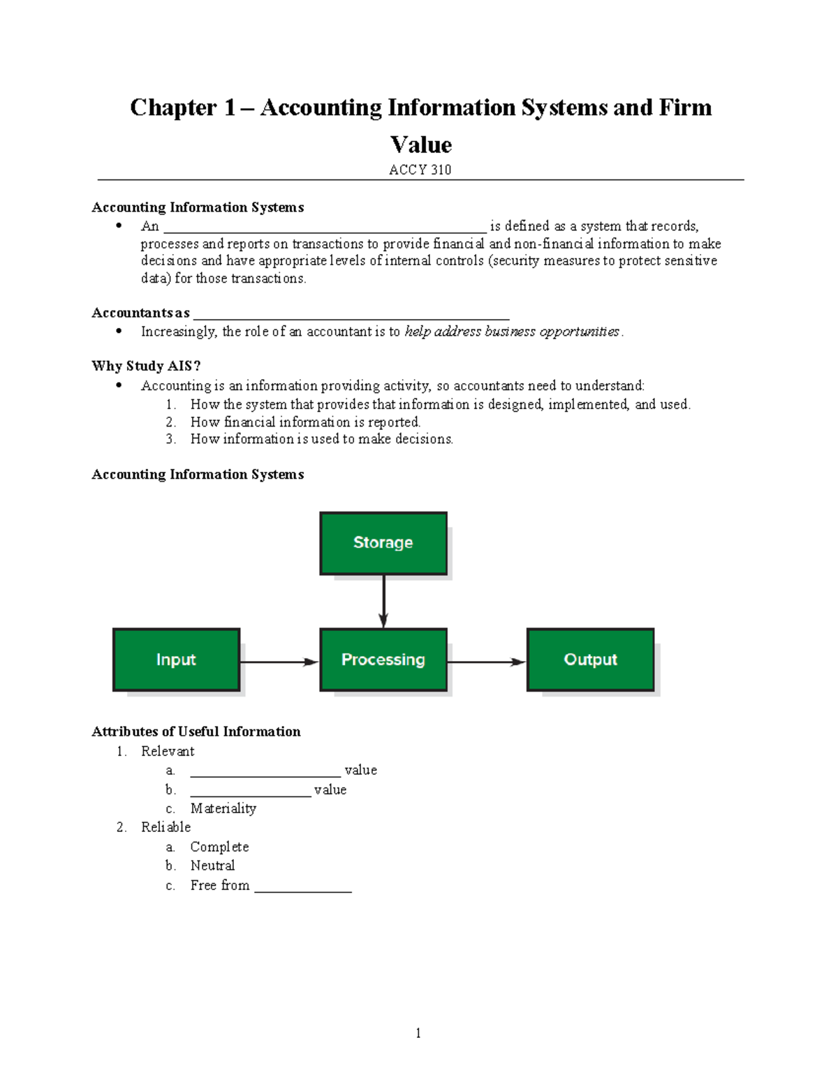ACCY 310 Chapter 1 Handout: Accounting Information Systems Overview - Studocu