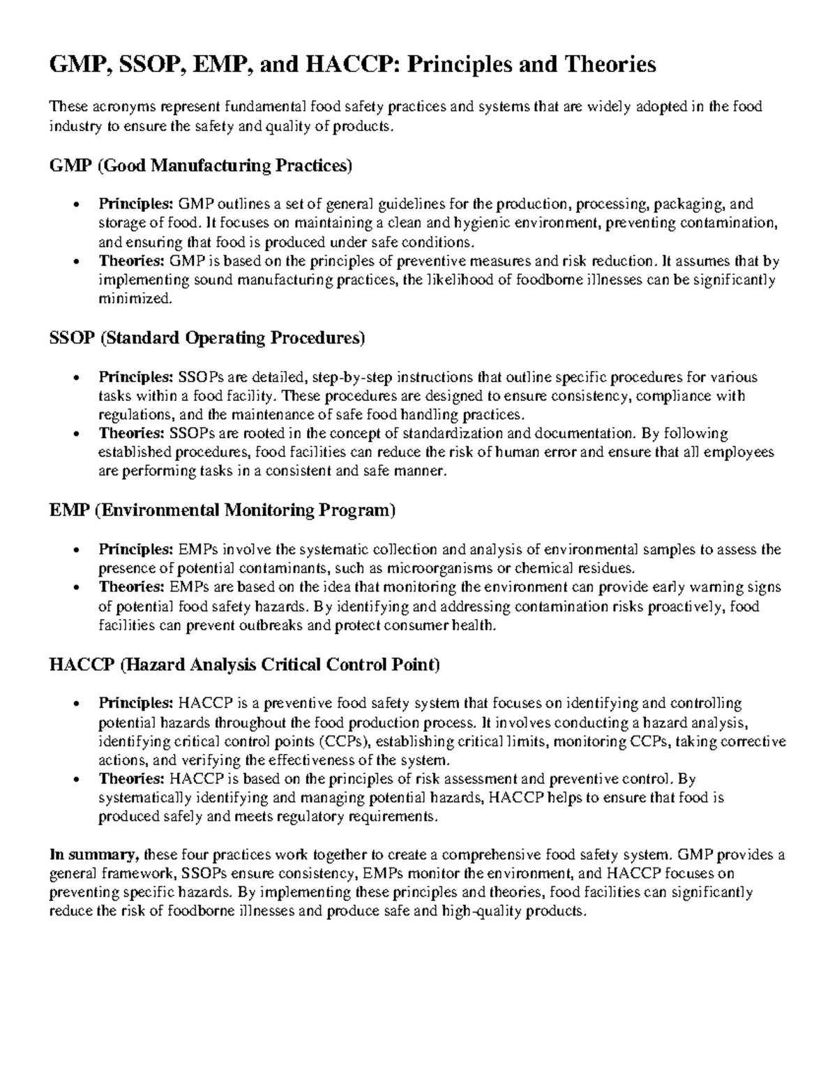 GMP, SSOP, EMP & HACCP: Principles and Theories in Food Safety - Studocu