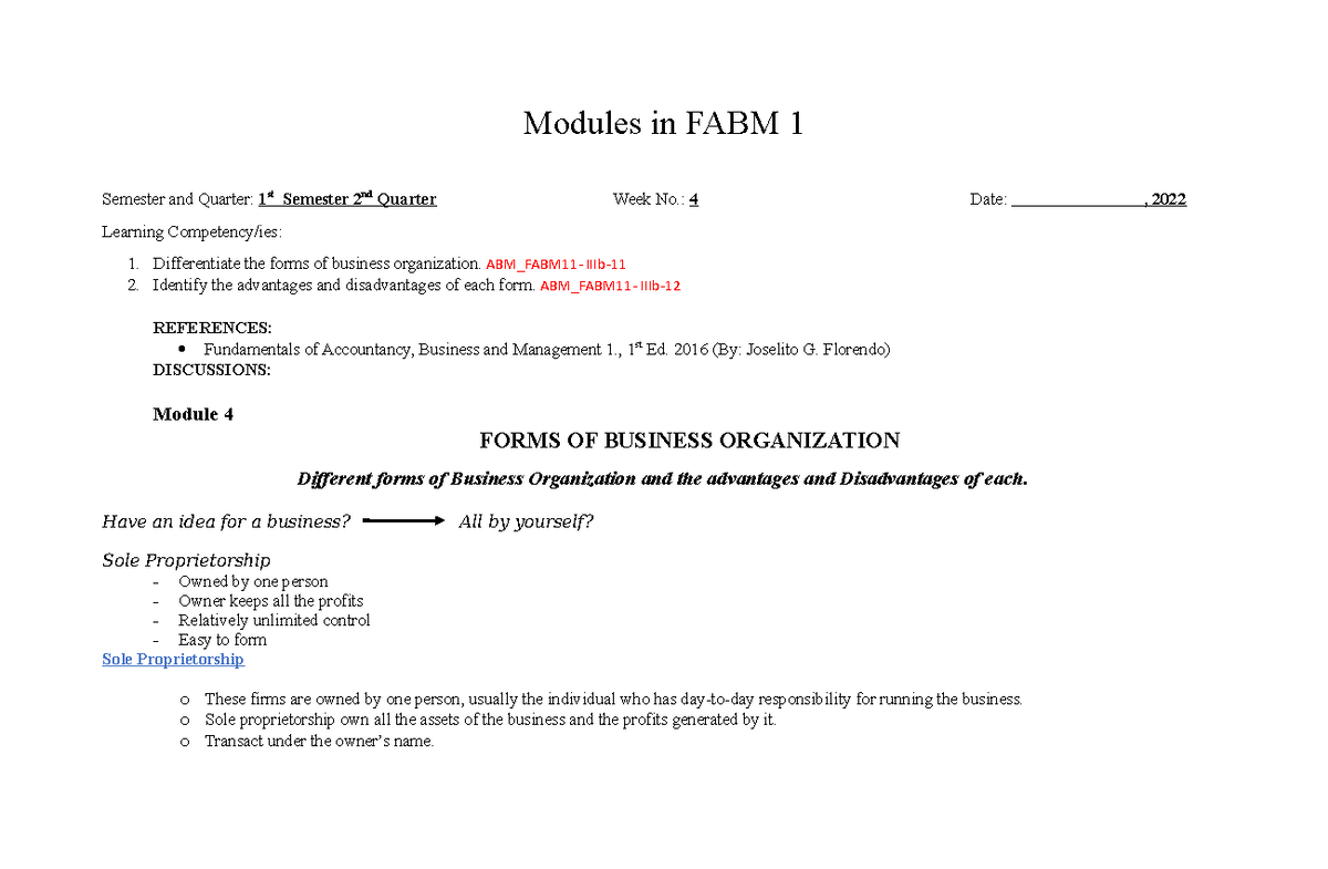 FABM 1 Module 4 Week 4: Forms of Business Organization Explained - Studocu