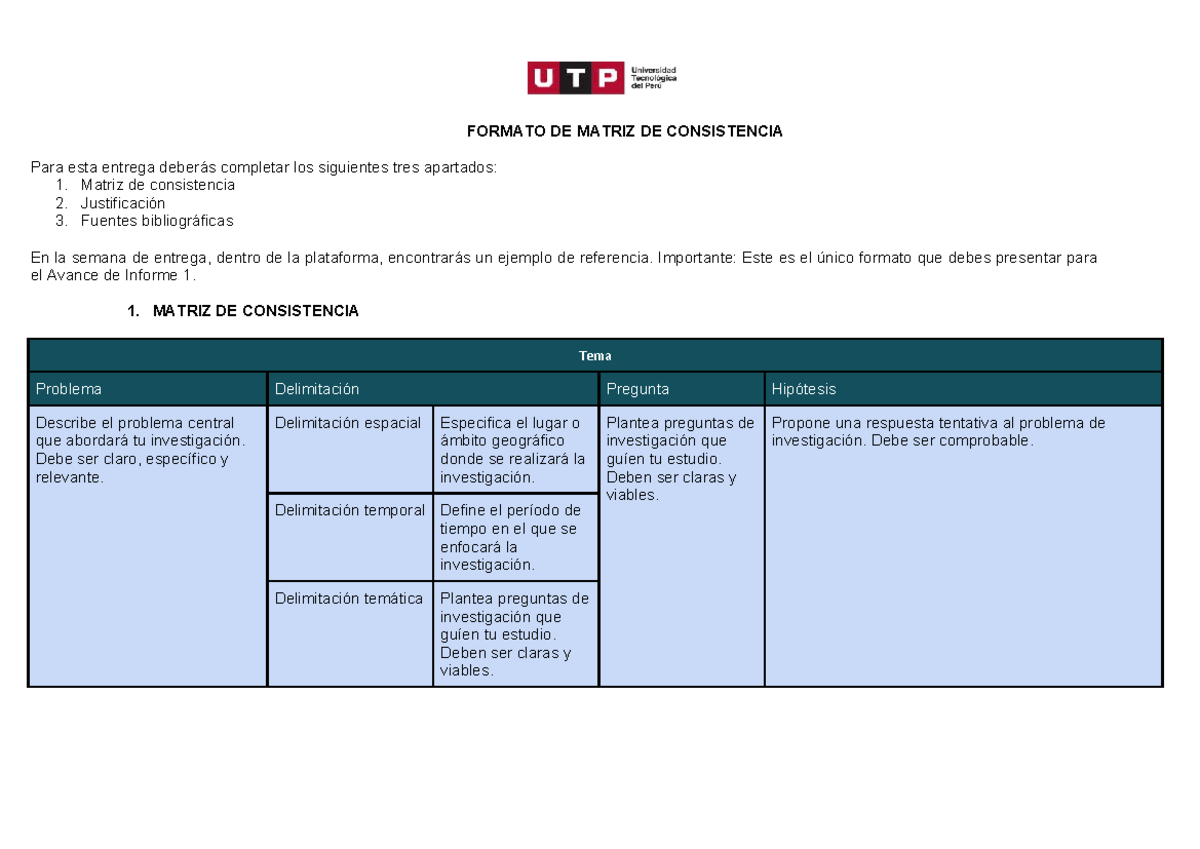 AIF1 Formato de Matriz de Consistencia para Avance de Informe - Studocu