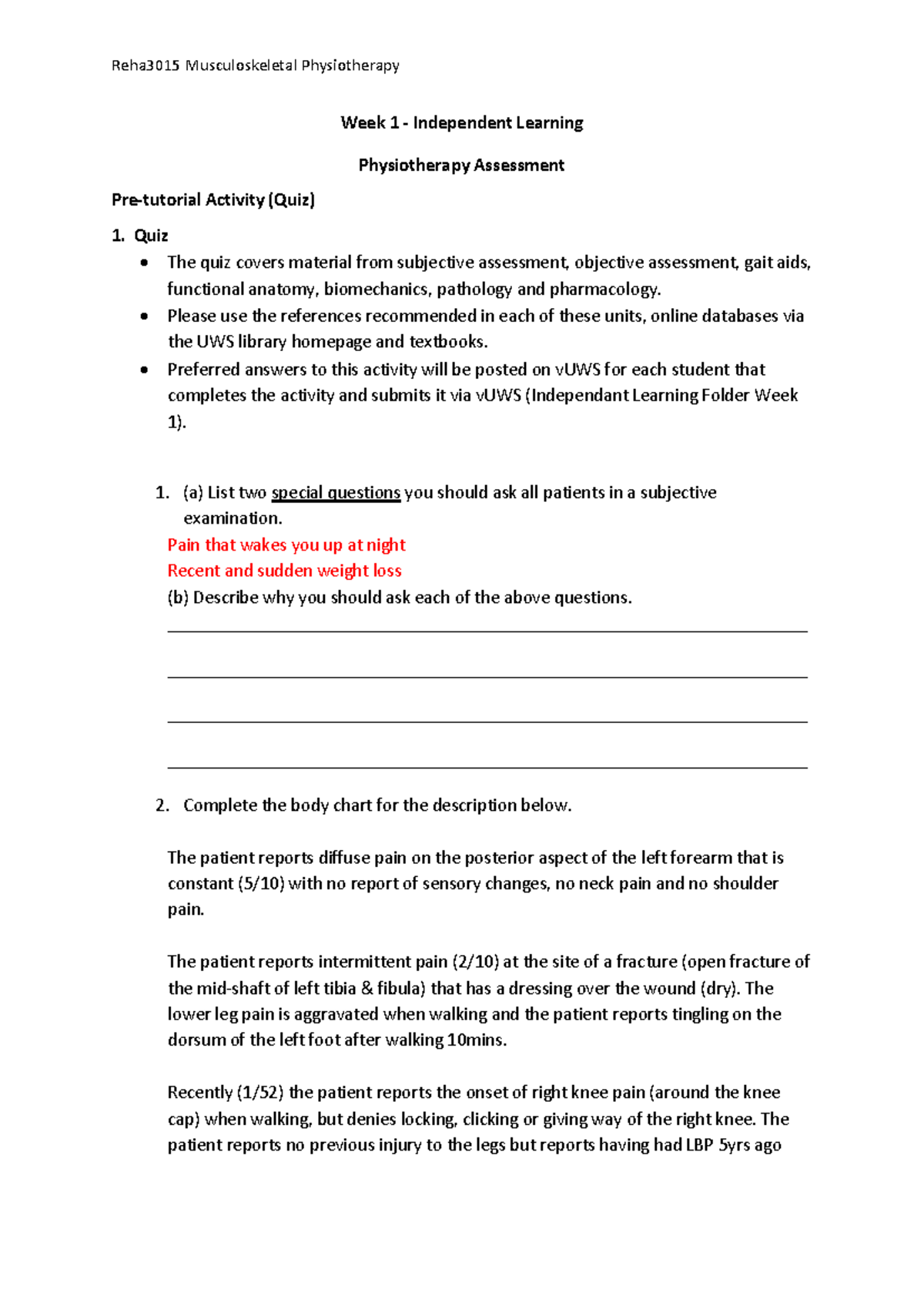 MSK PHYSIO Week 1: Quiz and Independent Learning Activities - Studocu