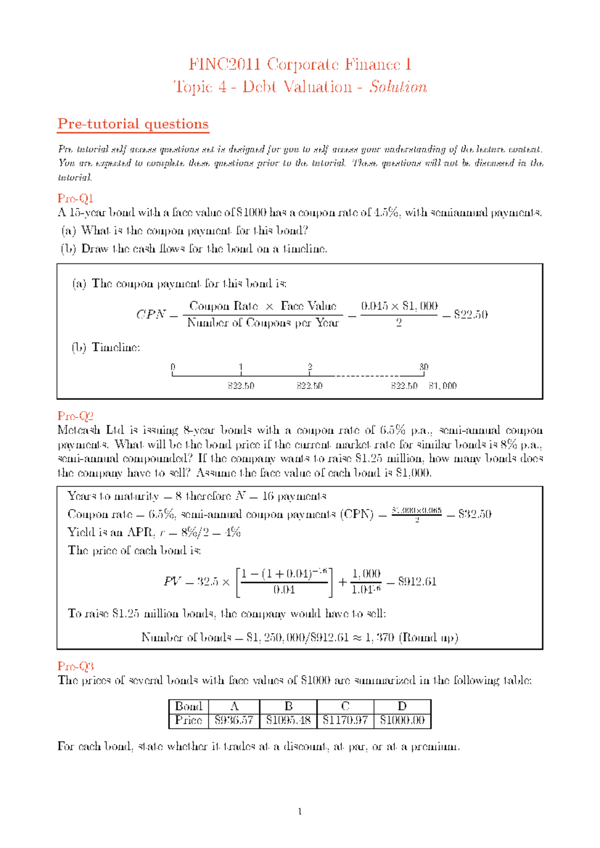 FINC2011 Tutorial Topic 4 Debt Valuation Solutions and Practice ...