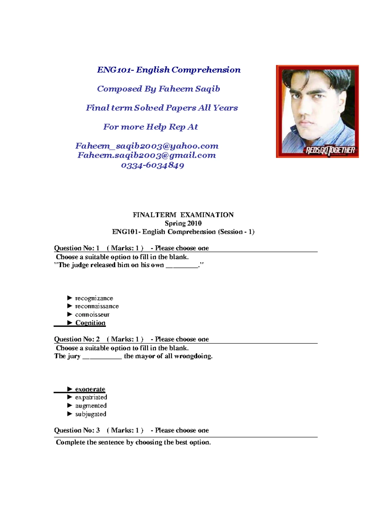 ENG101 solved MCQs mega file and quiz file - Solved MCQs Mega File From all past papers Solved ...