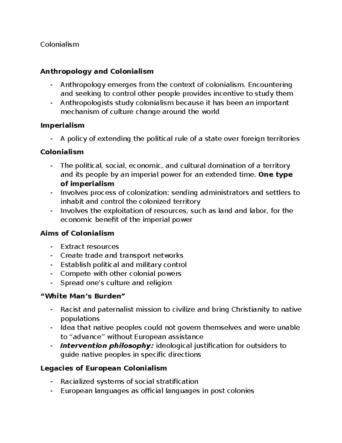 Colonialism and Its Impact: Anthropology Insights (ANTH 101) - Studocu