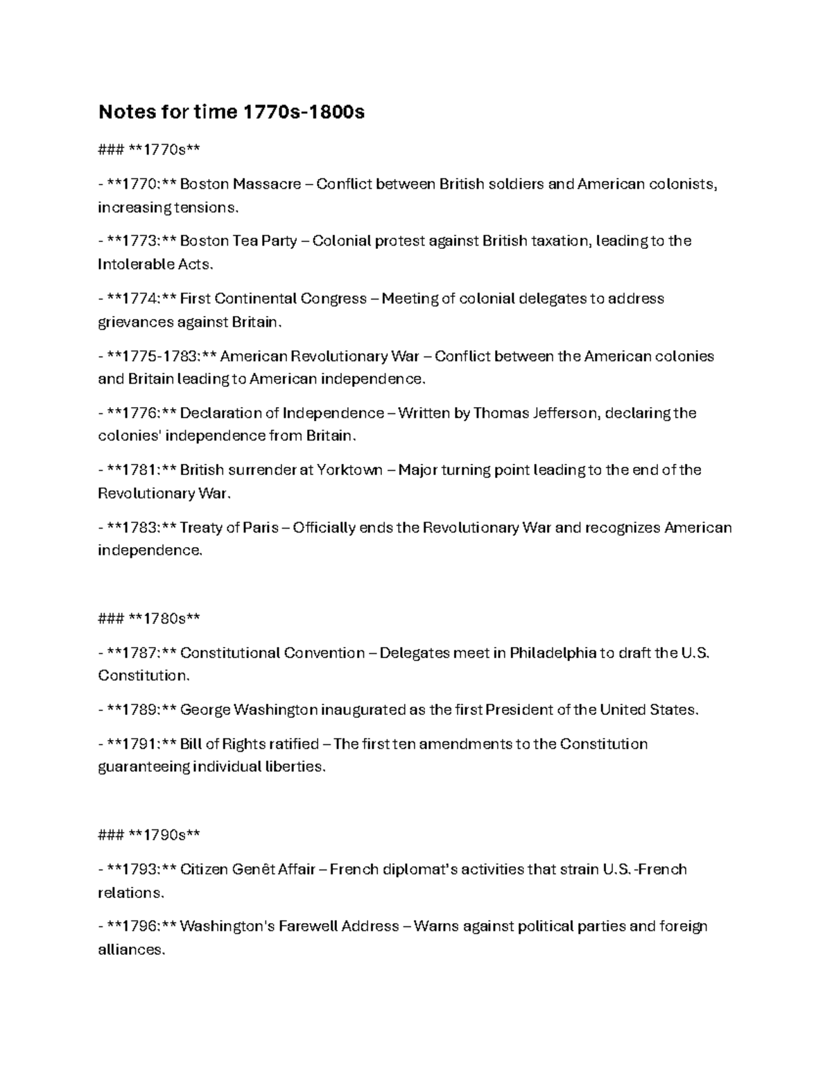 Notes on Key Events (1770-1800) for History 101 - Studocu